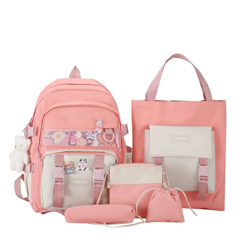 KOVPIFB Kawaii Backpack Cute Style 5 PCS Backpack Set,Cute Plush Pendants & Pins Aesthetic School Bags for Teen Girls Pink