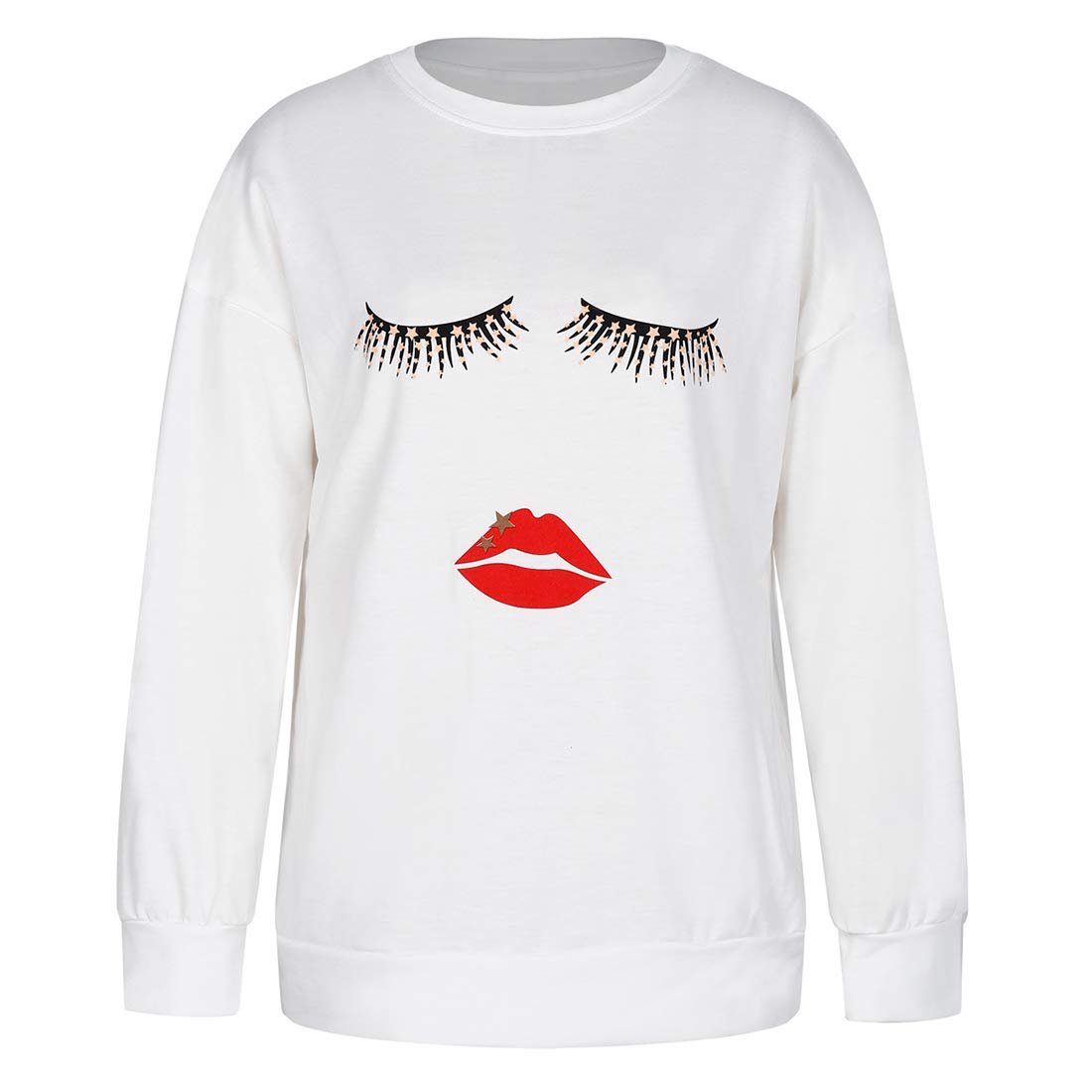 NEXLOMOS Women's Skull Print Lips Long Sleeve Girls Junior White Crewneck Sweatshirt (Eyelash,S)