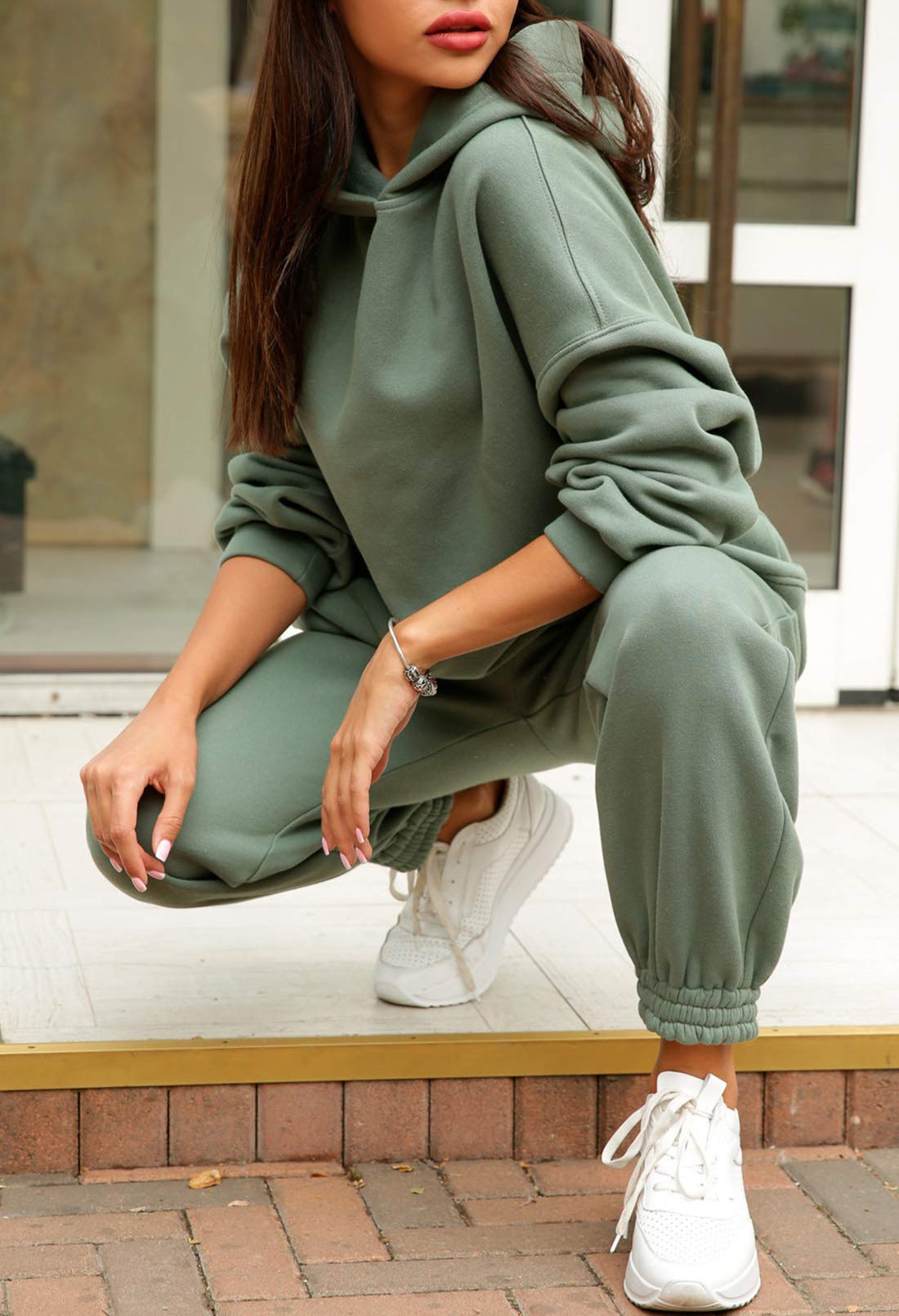 Linsery Sport Hoodie with Jogger Sweatpants Tracksuit Hooded 2 Piece Workout Set Sweatshirt Matching Jogging Suit Green L