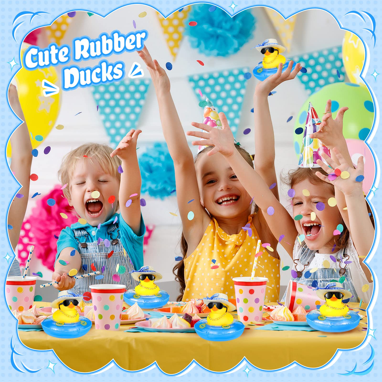 Summer Rubber Duck Mini Yellow Duck Bath Toys Duckies Car Dashboard Decorations with Mini Sun Hat Swim Ring Necklace and Sunglasses for Bathtub Shower Birthday Swimming (24 Set)