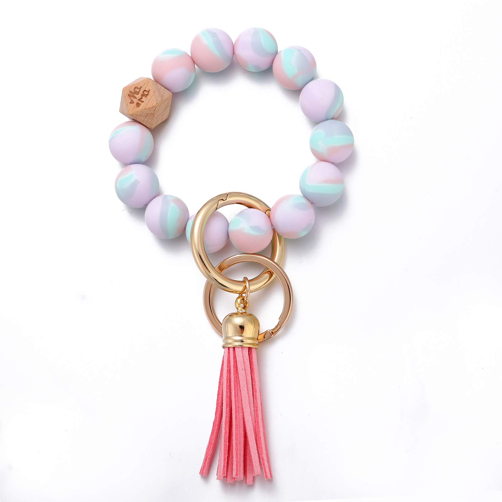 Mothers Day Gift Portable House Car Keys Ring Holder, Elastic Beaded Silicone Bracelet Bangle Wristlet Keychains W/Tassel
