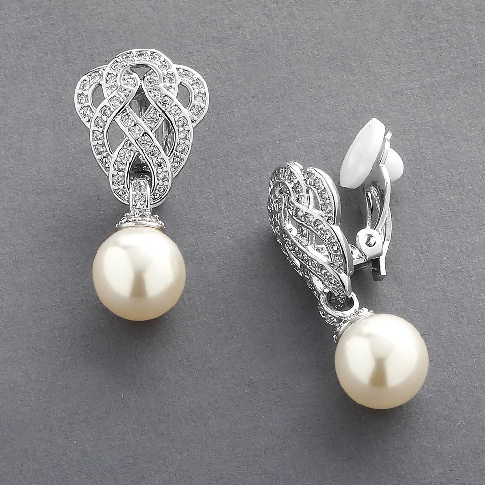 Mariell Vintage Art Deco Pearl Clip On Earrings for Wedding, Brides & Mother of Bride - CZ Pave Accent