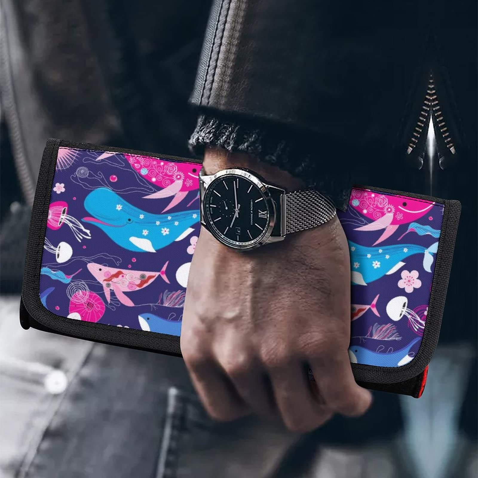 Vibrant Whales Carrying Bag Compatible with Switch Protective Case Slim Felt Pouch with 5 Game Cartridges Holders
