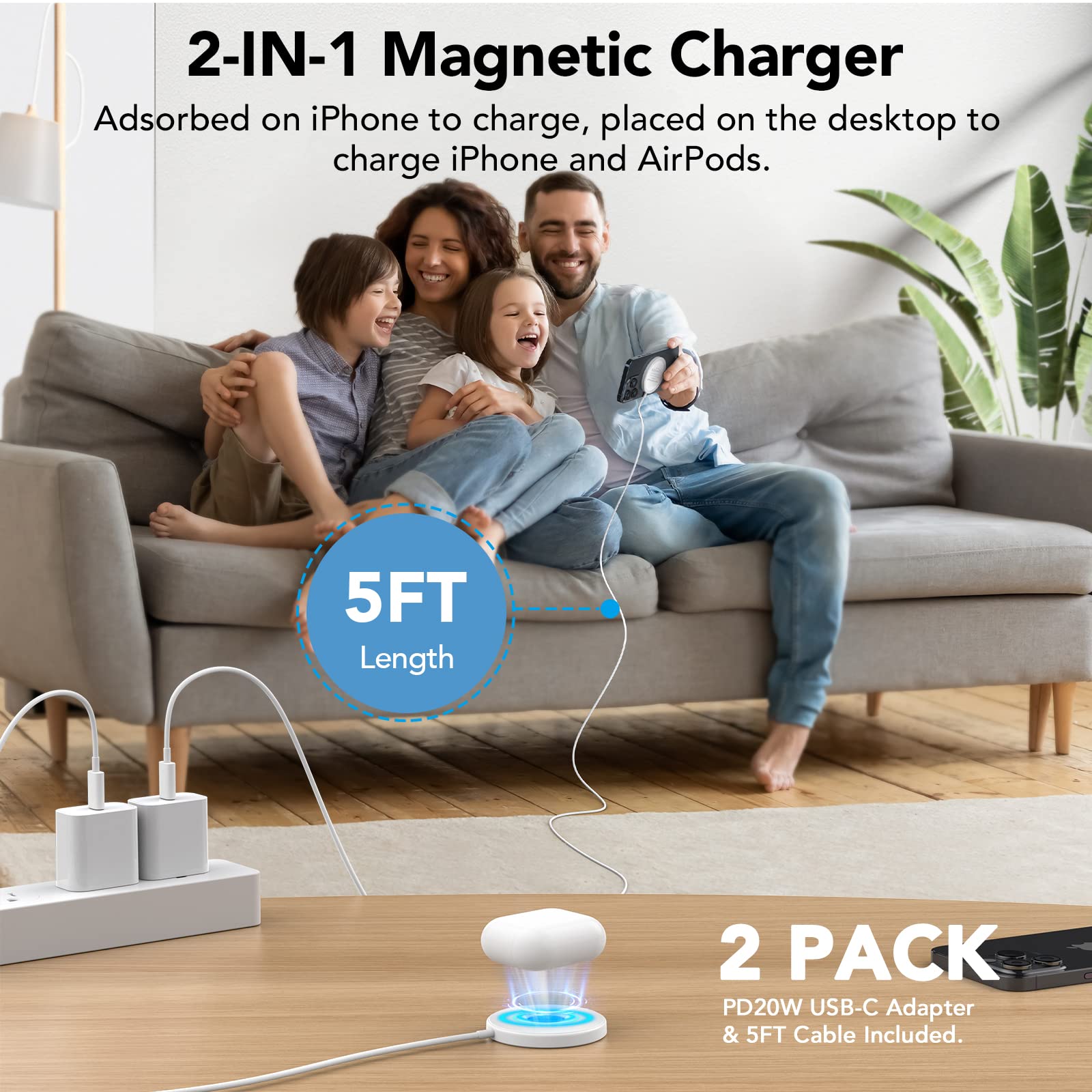 Magnetic Wireless Charger - 2 Pack Mag Safe Magnet Charging Compatible with iPhone 14/14 pro/14 plus/14 pro max/ 13/13 pro/13 pro max/12 pro max, Charger for AirPods 3/2/Pro with 2 USB C Adapter.