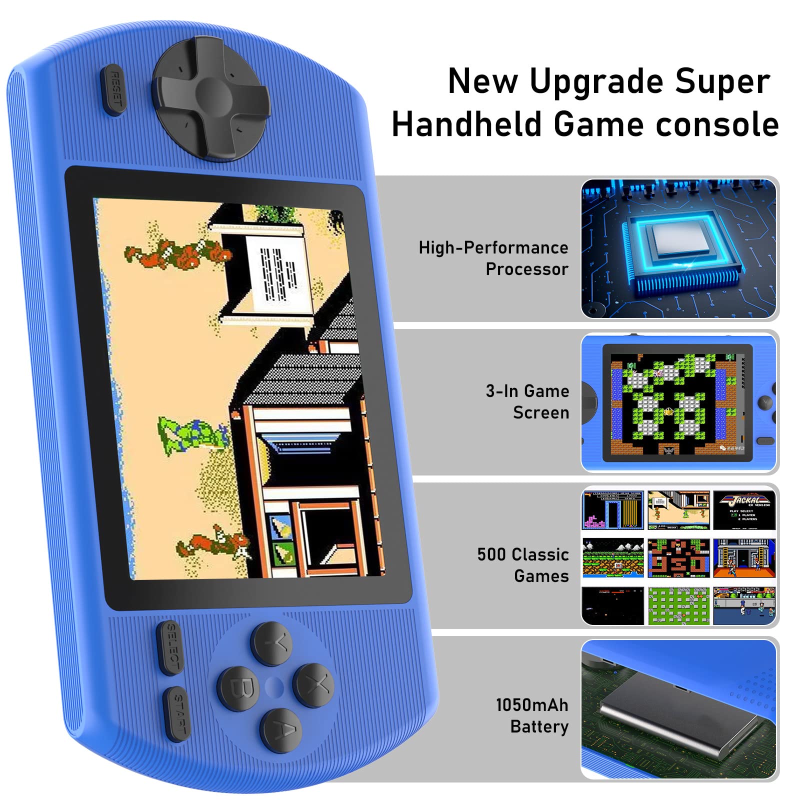 Retro Handheld Game Console, Melusen Video Game Console with 500 Classical FC Games 3.5-Inch Color Screen 800mAh Rechargeable Battery Gameboy Support for Connecting TV and Two Players (500 Games-Blue)