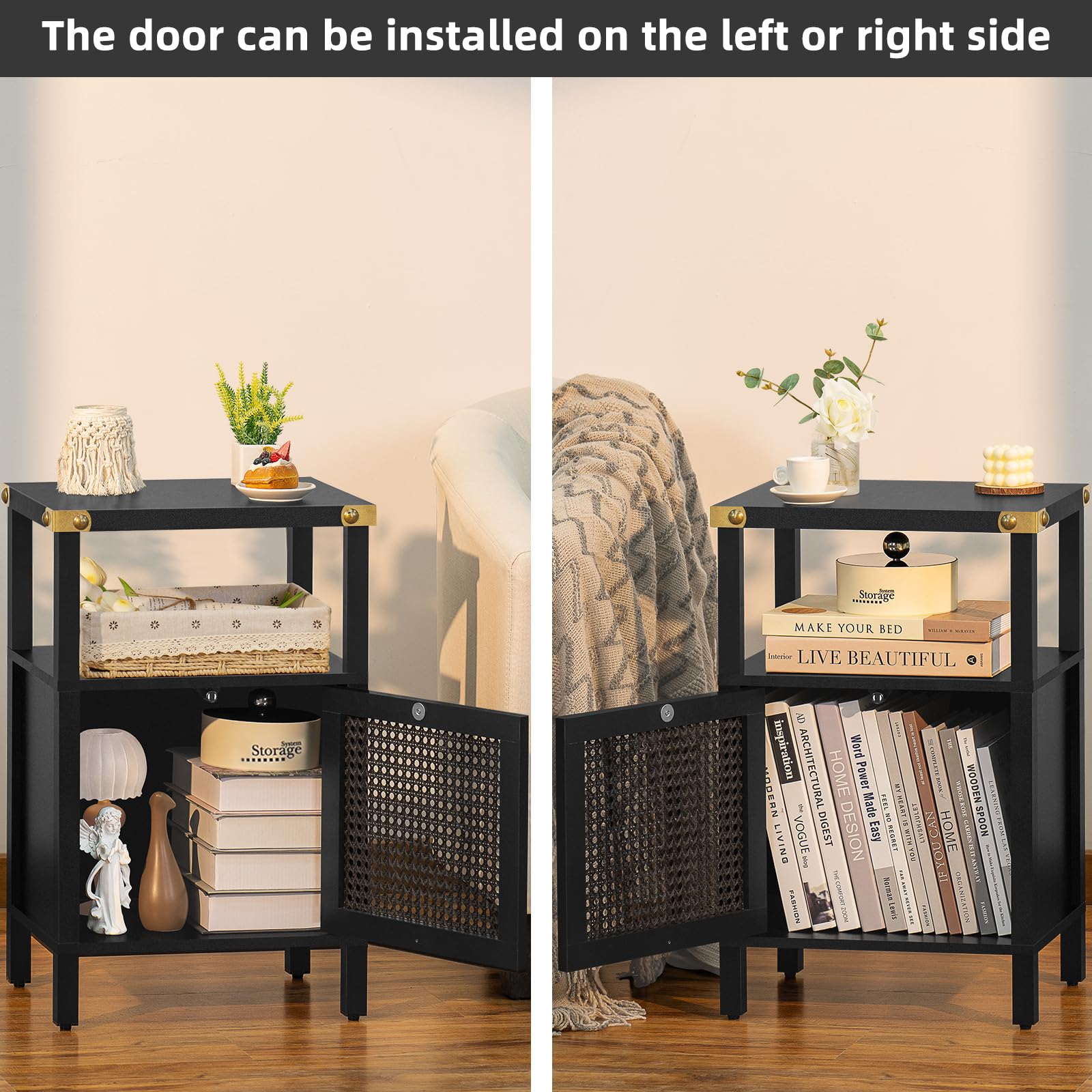 Lerliuo Nightstand Boho Side Table with Rattan Decorated Door, Wood Night Stand with Storage