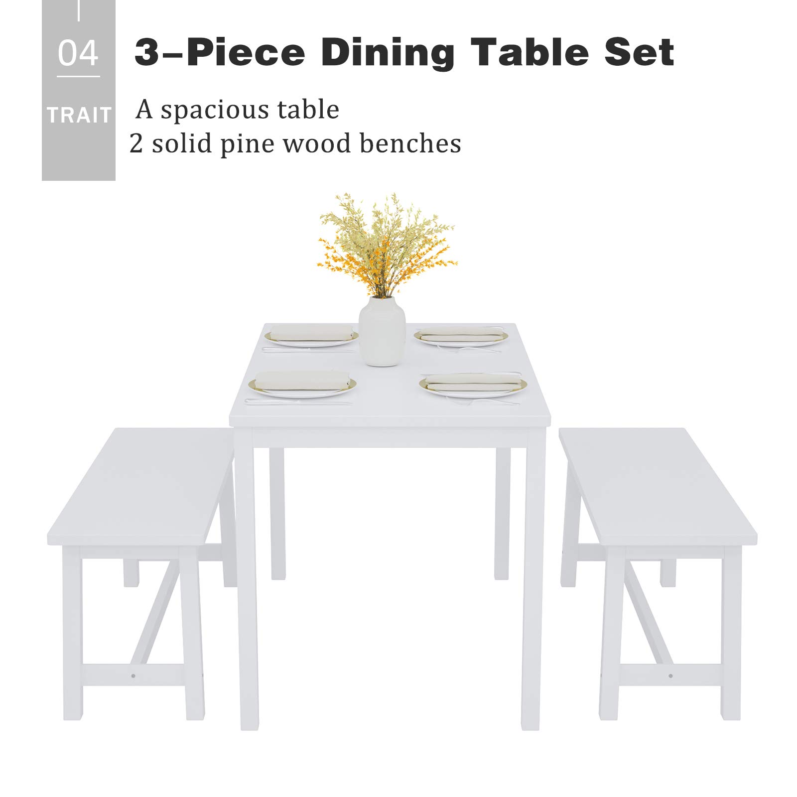 Mecor 3-Piece Dining Set Table with 2 Benches, Solid Pine Wood Tabletop and Benches Set for Home Kitchen Dining Room Furniture (White)