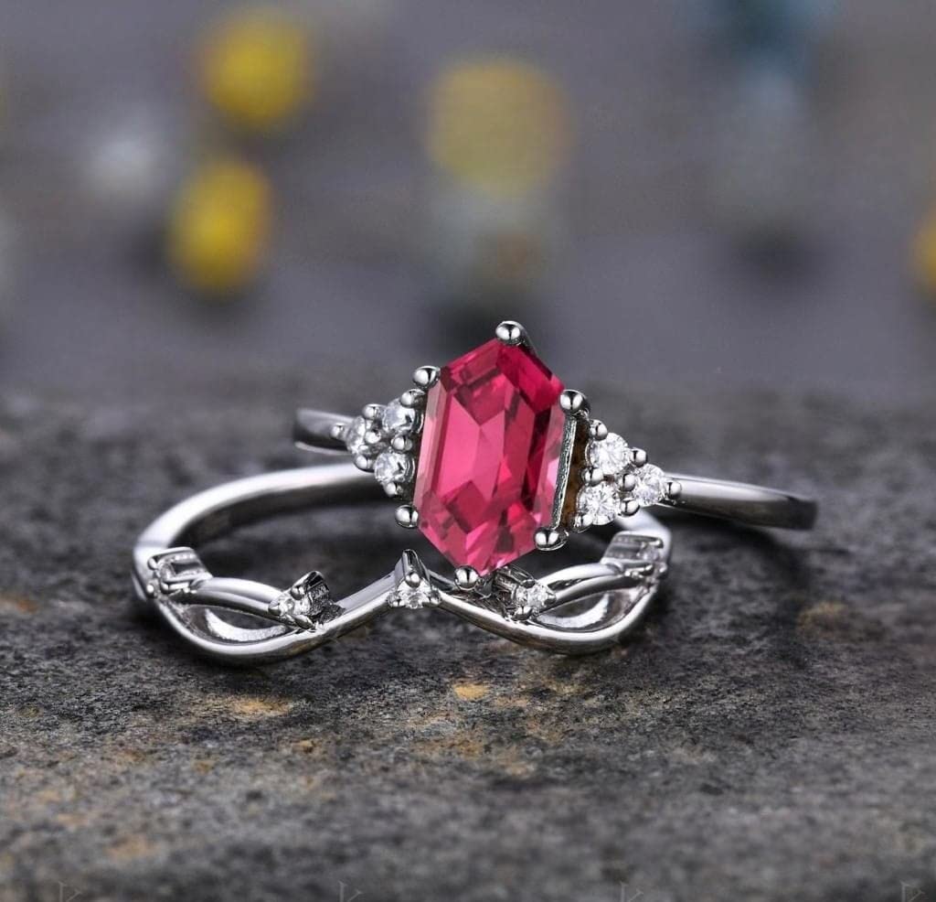 Retro hexagon Red Ruby Ring,Vintage Sterling Silver Ring Set,Unique Ruby Engagement Ring,Promise Ring,Anniversary Brial Ring Gift For Her (WHITE GOLD, 6)