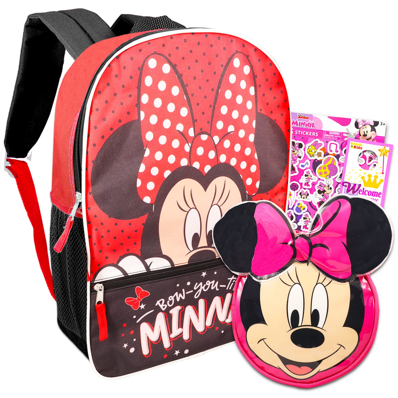 Minnie Mouse Backpack and Lunch Box Set - Bundle with 16" Minnie Backpack, Minnie Lunch Bag, Stickers, More | Minnie Mouse Backpack for School