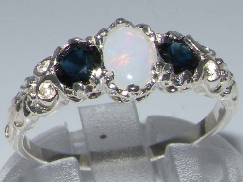 LetsBuyGold 925 Sterling Silver Natural Opal and Sapphire Womens Promise Ring - Size 9.5
