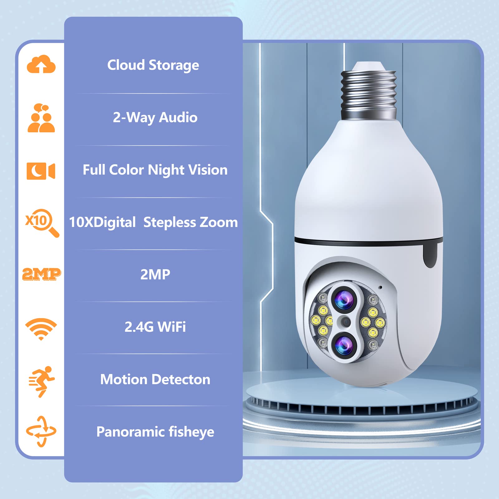 Upgrade 10X Hybrid Zoom 2MP Wireless Light Socket Security Camera, 2.4GHz WiFi Light Bulb Security Camera, Motion Detection, Color Night Vision, Sound & Light Alarm, Auto Tracking