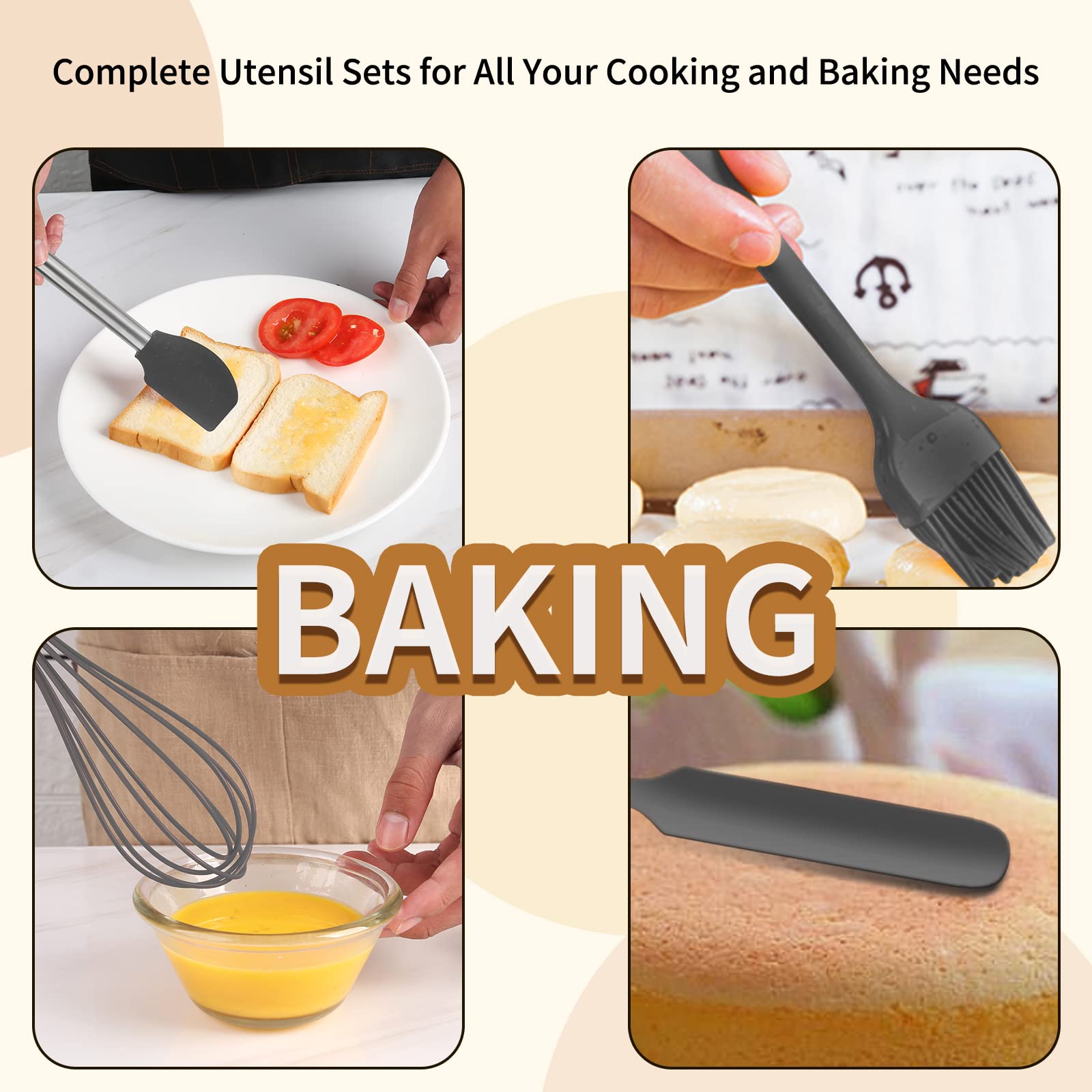 Kitchen Utensils Set, 15 Pcs Silicone Cooking Utensil Set with Stainless Steel Handle, Non-stick Heat Resistant Food Grade Silicone Cookware with Holder, Stylish Kitchen Spatulas Set (Grey)