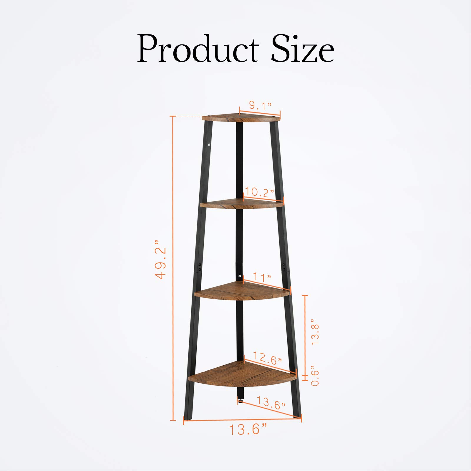 mecor 4 Tier Industrial Corner Shelf, Rustic Corner Storage Rack Plant Stand Metal Frame Bookcase Display Rack for Home Office