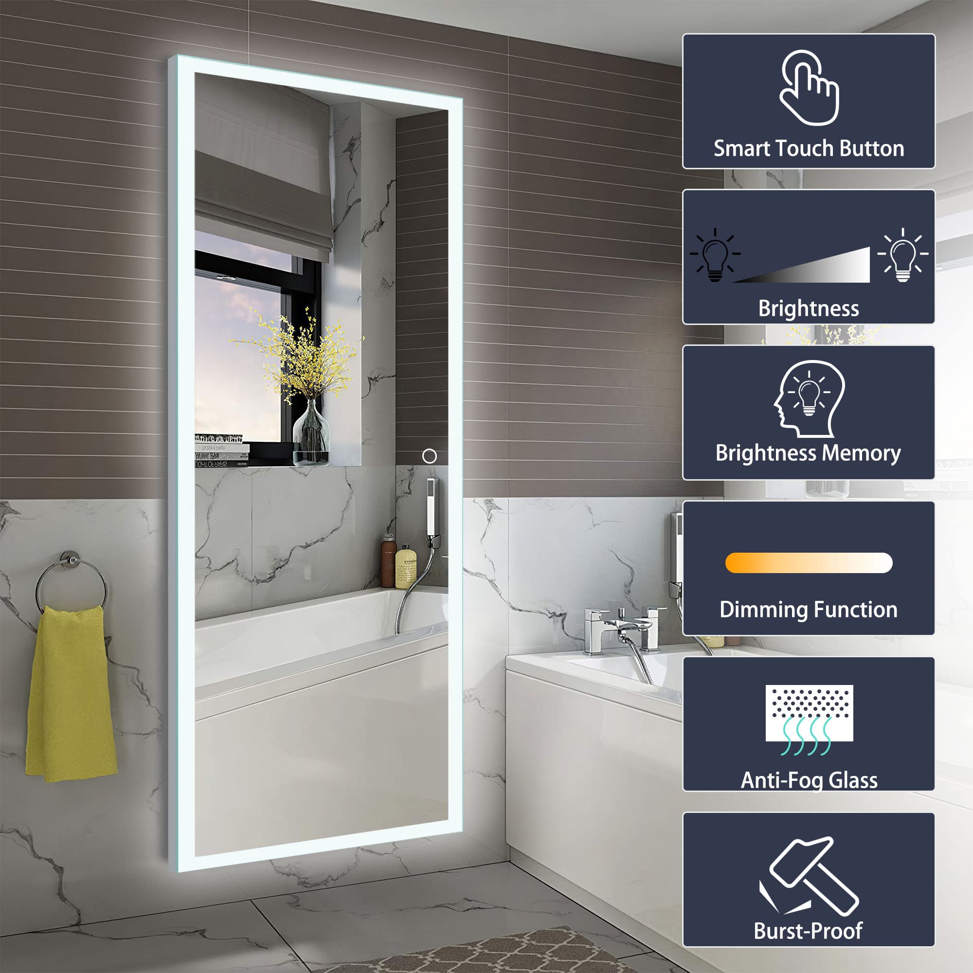 NeuType 65"x22" LED Mirror Full Length Large Rectangle Bedroom Bathroom Living Room Dressing Mirrors with Touch Button and Plug, Dimmable Lighting, Stepless Dimming, Burst-proof Glass, Anti-fog
