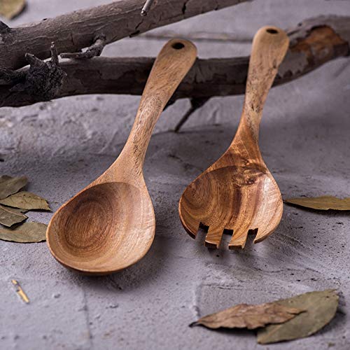 MABSSI Wooden Soup Spoons/Salad Fork for Eating Mixing, Long Handle Spoon Fork Kitchen Utensil Table Spoon Fork (Size : Fork)