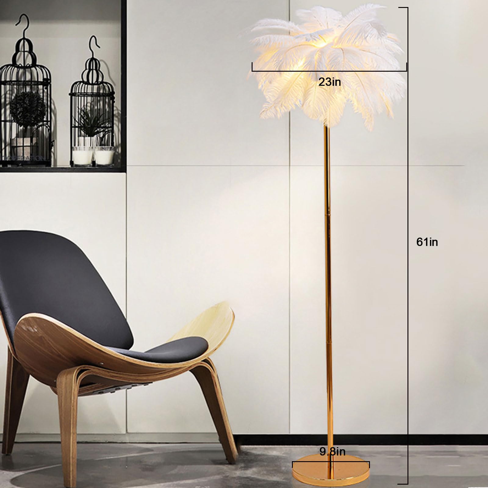 Natural Ostrich Feather Floor Lamp, Simple Modern Bedroom and Living Room Standing Lamp, Decor Corner Floor Lamp with Feather lampshade Dimmable Floor Standing Lamp for Bedroom Study Office (White)