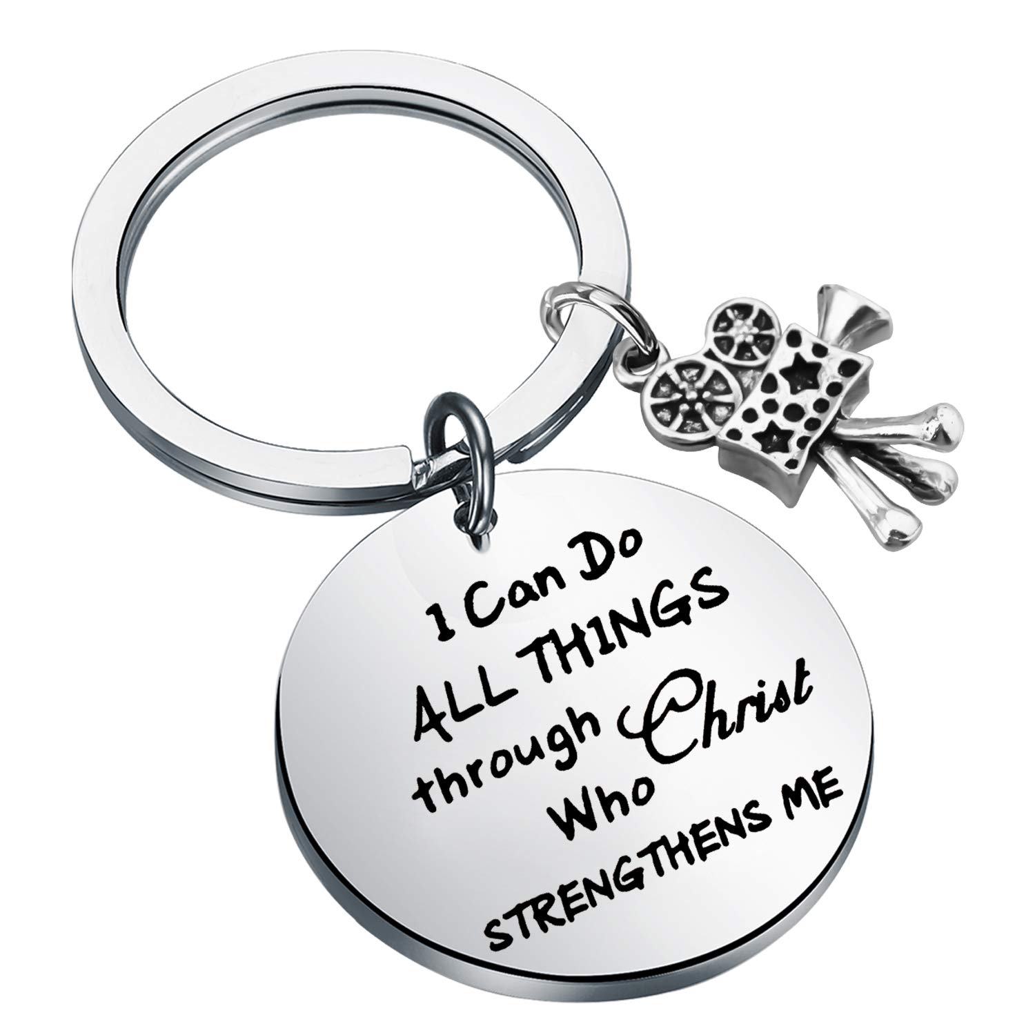 LQRI Movie Camera Keychain Film Director Gift Filmmaker Gift Film Student Graduation Gift I Can Do All Things Through Christ Who Strengthens Me Film Keyring Gift (sliver)