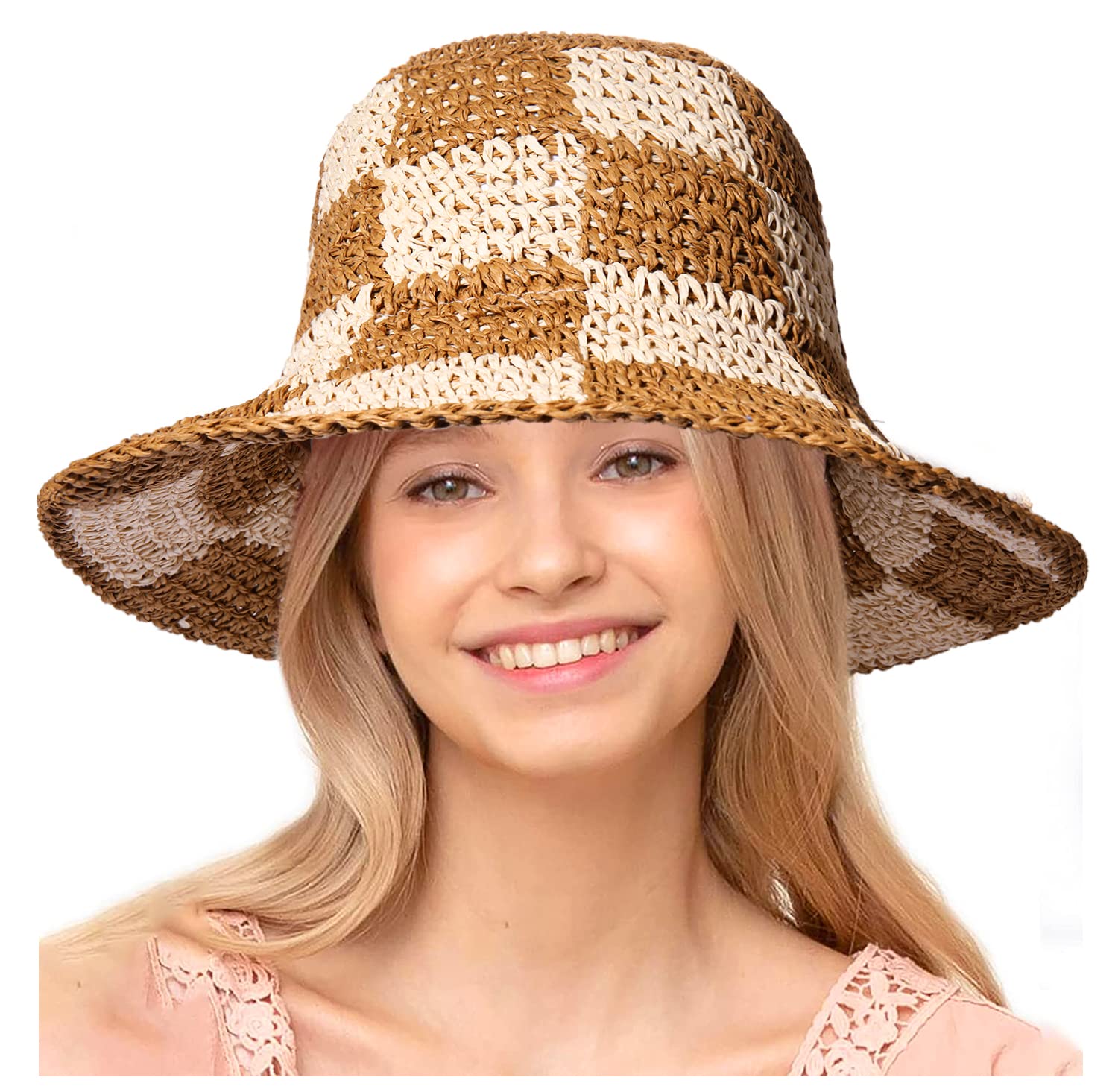 Sun Hats Checkerboard Straw Bucket Hat for Women Packable Crochet Wide Brim Floppy Beach Hats Traveling Summer Accessories (Beige)