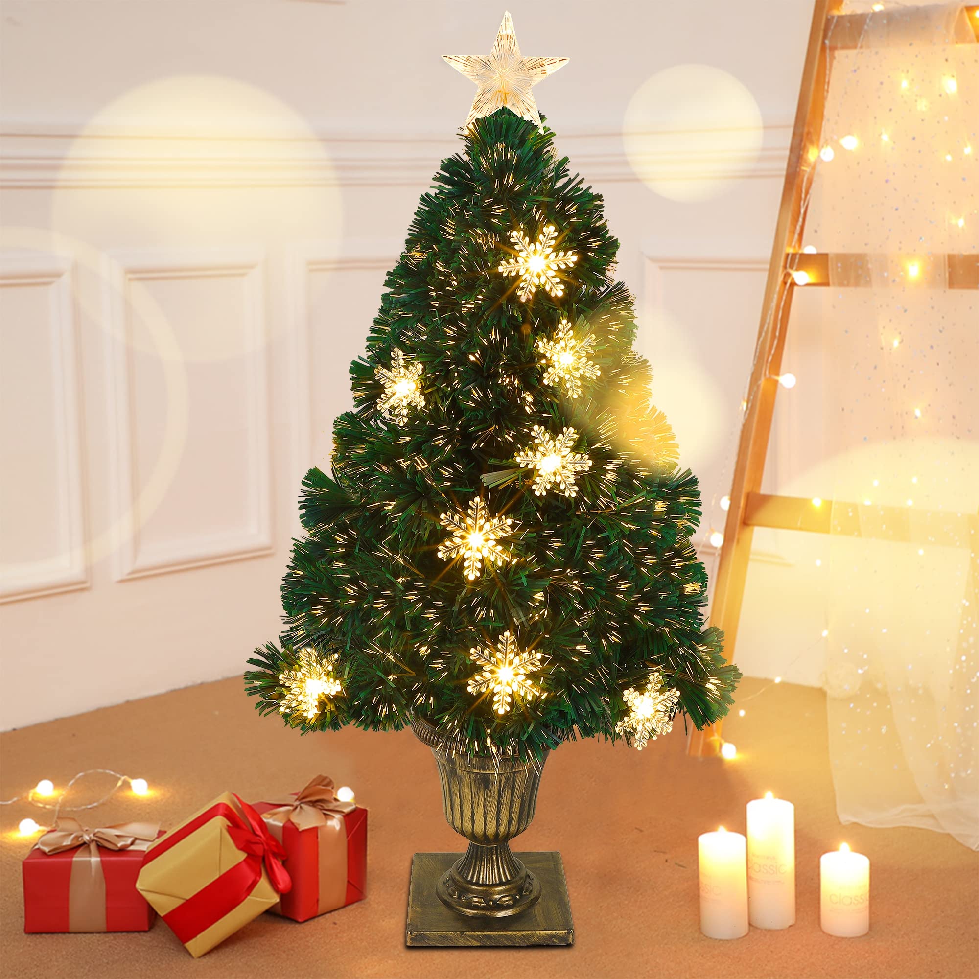 Juegoal 3 FT Pre-Lit Artificial Christmas Tree, 2 Pack Lighted Optical Fiber Entrance Tree in Gold Urn Base with Lights, 8 Lighting Modes, 110 Branch Tips Front Door Porch Entryway Holiday Home Decor