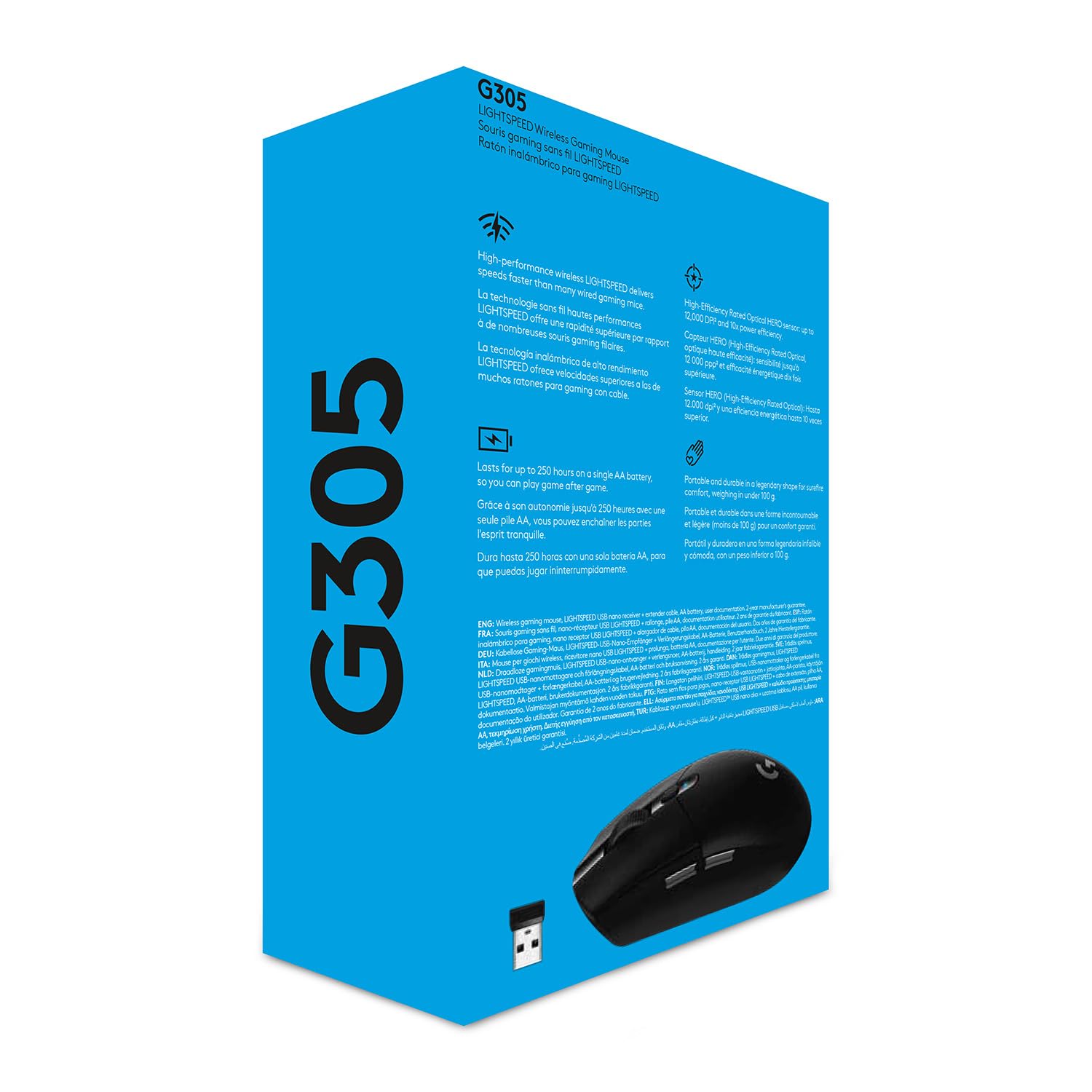 Logitech G305 Lightspeed Wireless Gaming Mouse, Hero 12K Sensor, 12,000 DPI, Lightweight, 6 Programmable Buttons, 250h Battery Life, On-Board Memory, PC/Mac - Black