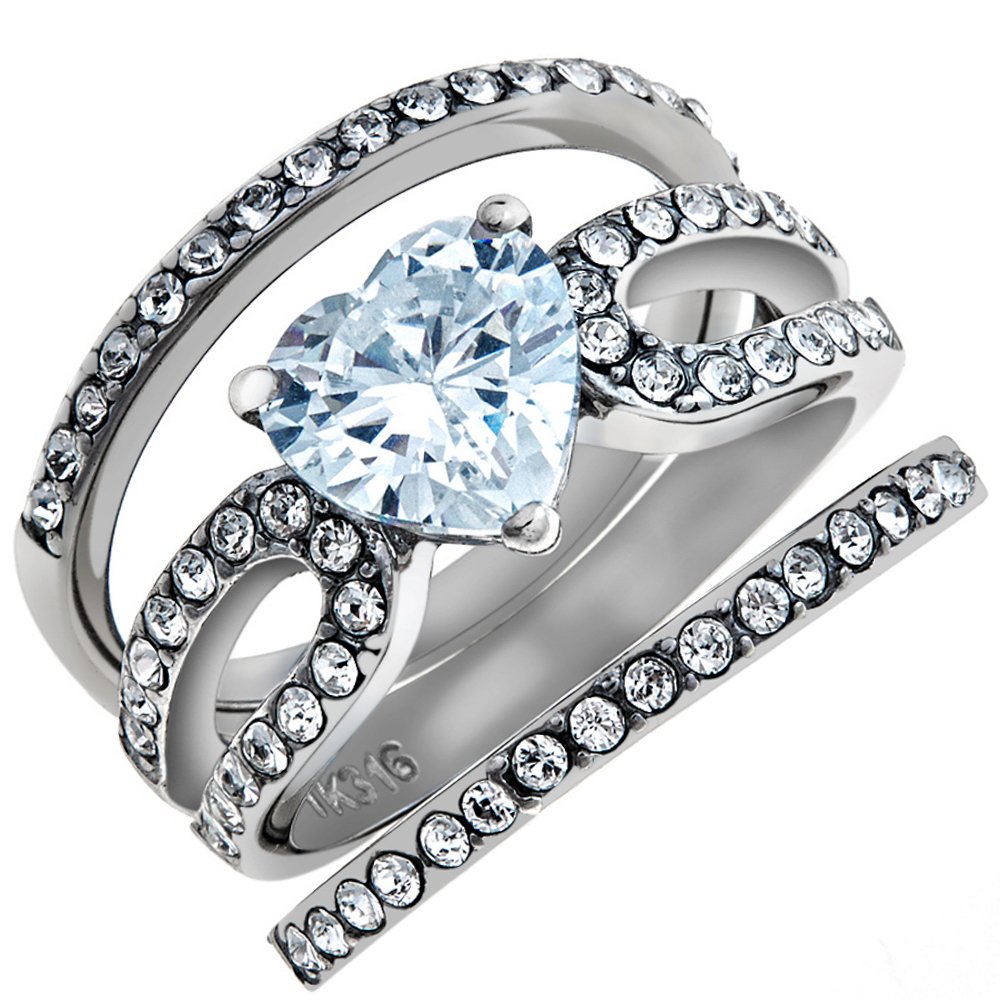 Marimor Jewelry 3.15 Carat Heart Shape Cubic Zirconia Wedding and Engagement Ring 3 Piece Set Women's Size 7