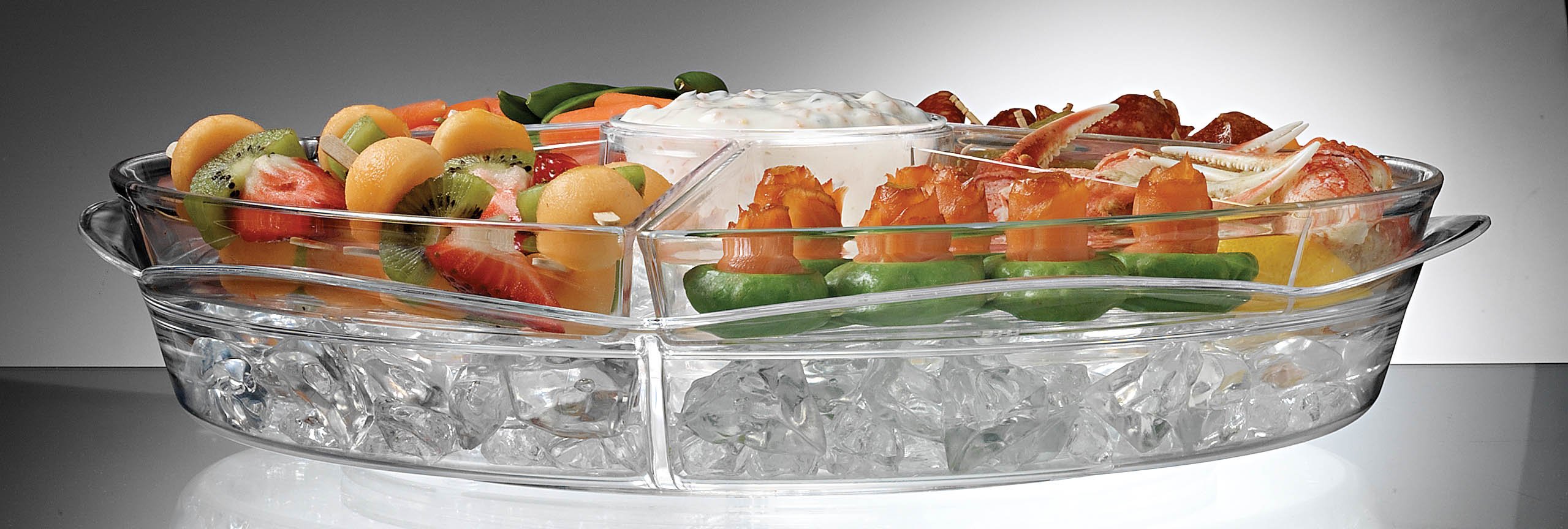 Prodyne Appetizers on Ice with Lids, 16", Clear and Prodyne Bowl, ICED Salad-4 Qt, Off-White