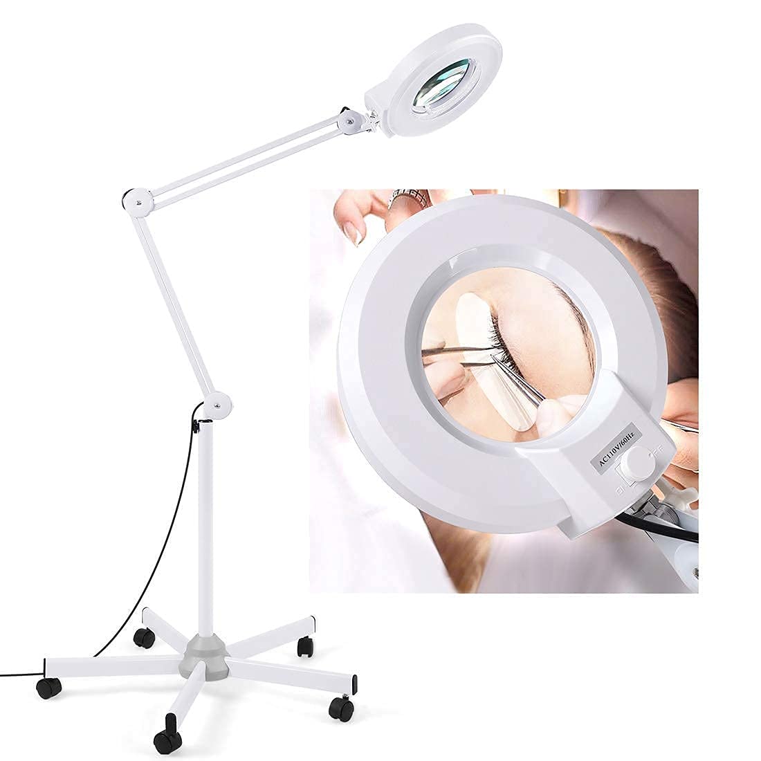 Magnifying Floor Lamp with 5 Wheels Rolling Base, 8 Diopter Real Glass Lens, 5X Magnifier with 2200 Lumens Dimmable LED Light for Close Work, Adjustable Swivel Arm Standing Lamp for Lash Extensions
