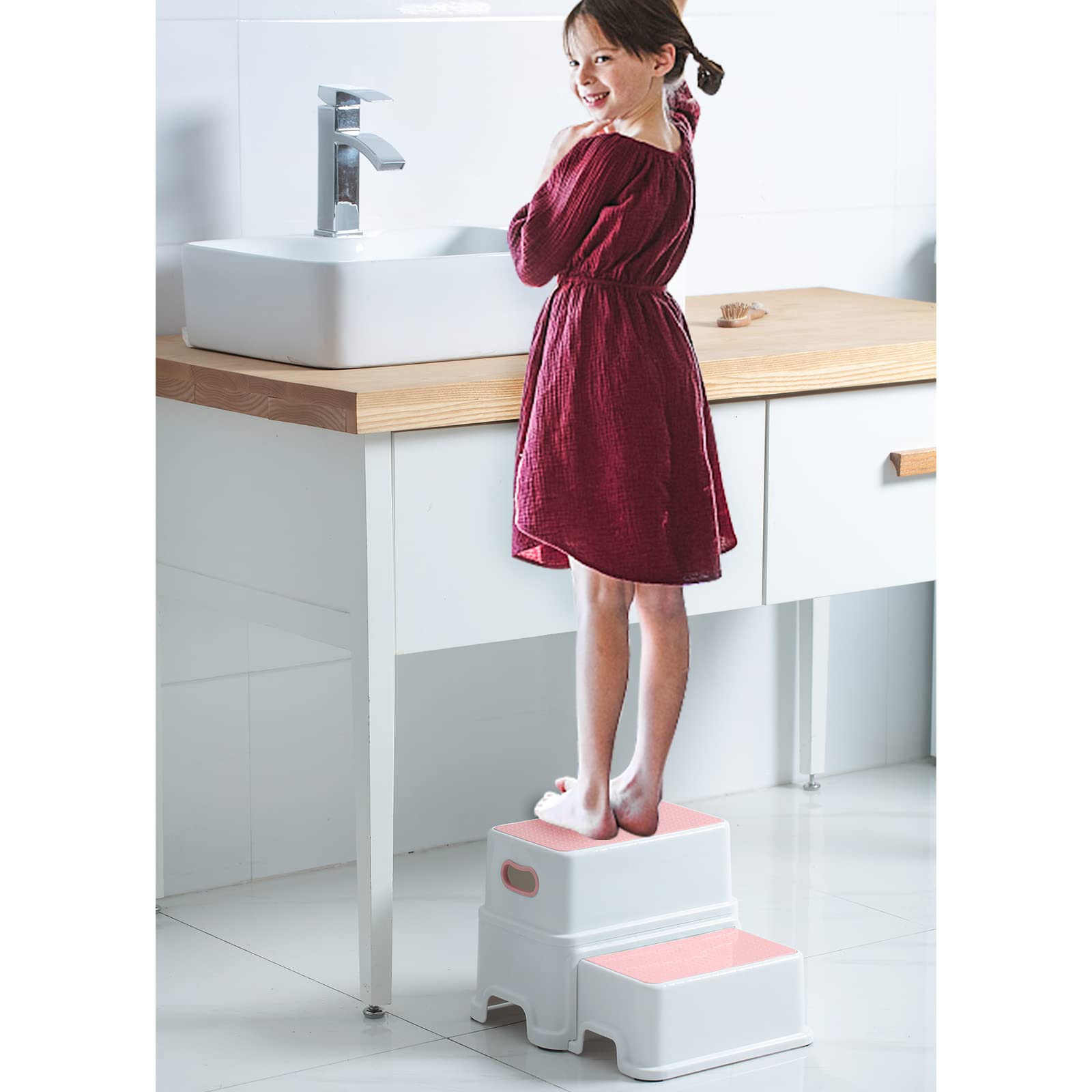 Victostar 2 Step Stool for Kids, Anti-Slip Sturdy Toddler Two Step Stool for Toilet Potty Training, Bathroom,Kitchen (Pink)
