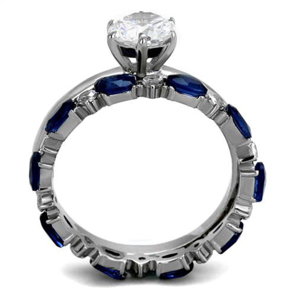 Marimor Jewelry 2.25 Carat Round Cut Clear and Blue Cubic Zirconia Stainless Steel Wedding Set Women's Size 9