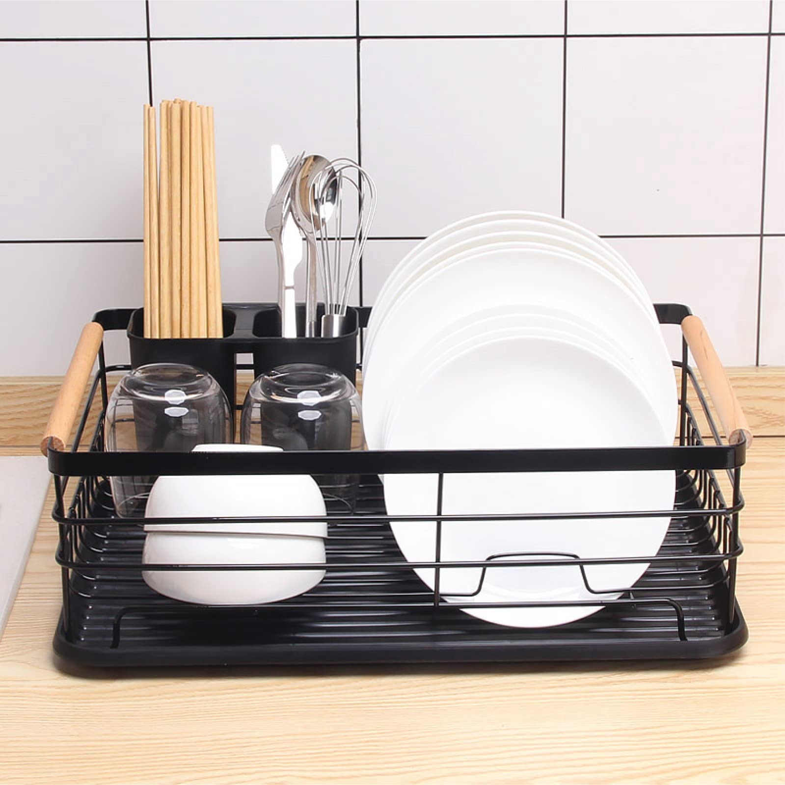 Metallic Dish Drying Rack for Kitchen Counter with a rotatable Water Outlet- Anti-Rust Kitchen Organizer for Kitchen Utensils Storage- Dish Drying Rack and Removable Cutlery Holder-Dish Rack with Tray