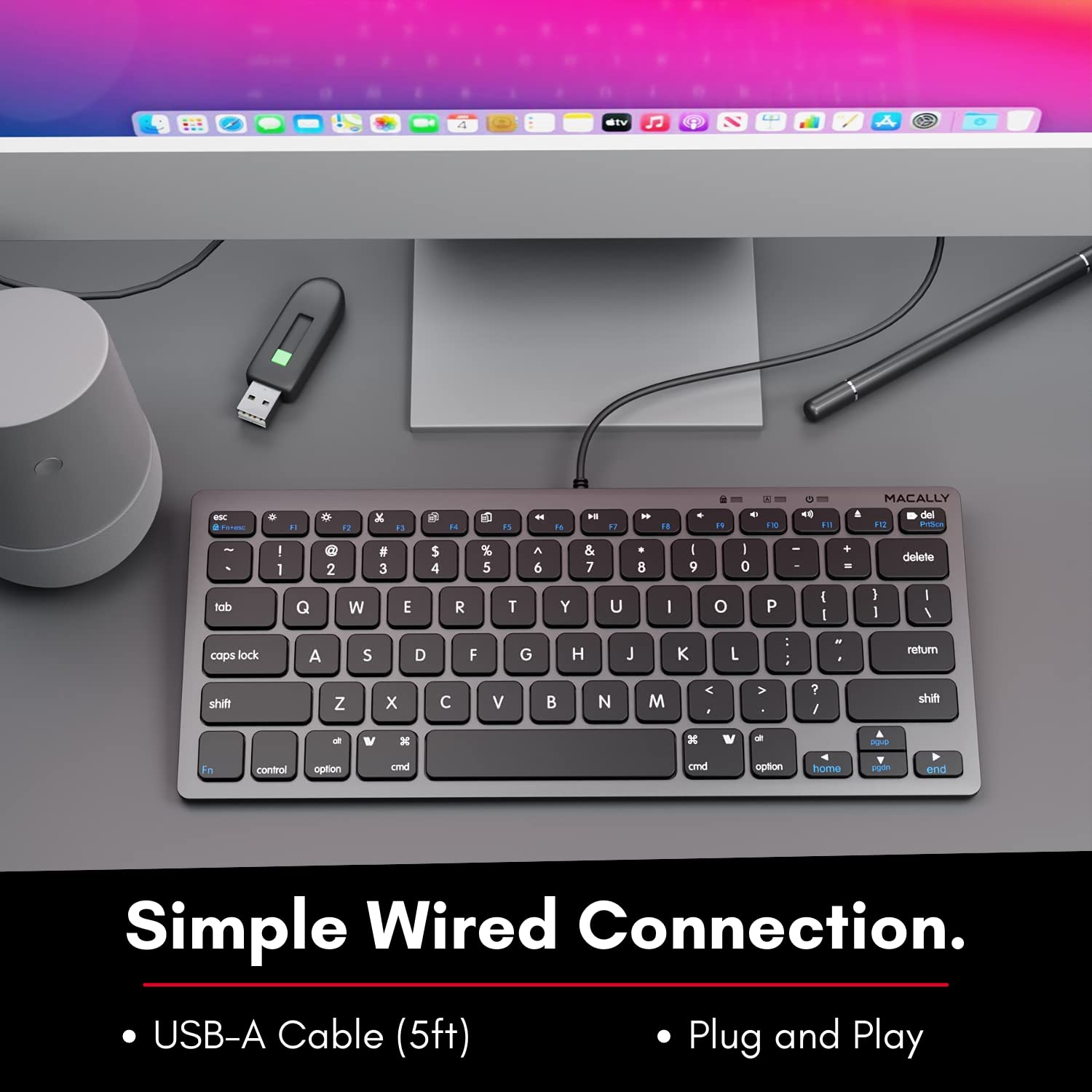 Macally Small USB Wired Keyboard for Mac and Windows - 78 Scissor Keys, 13 Shortcut Compatible Apple Keyboard - Mini Compact USB Computer Keyboard That Saves Space and Looks Great - Space Grey