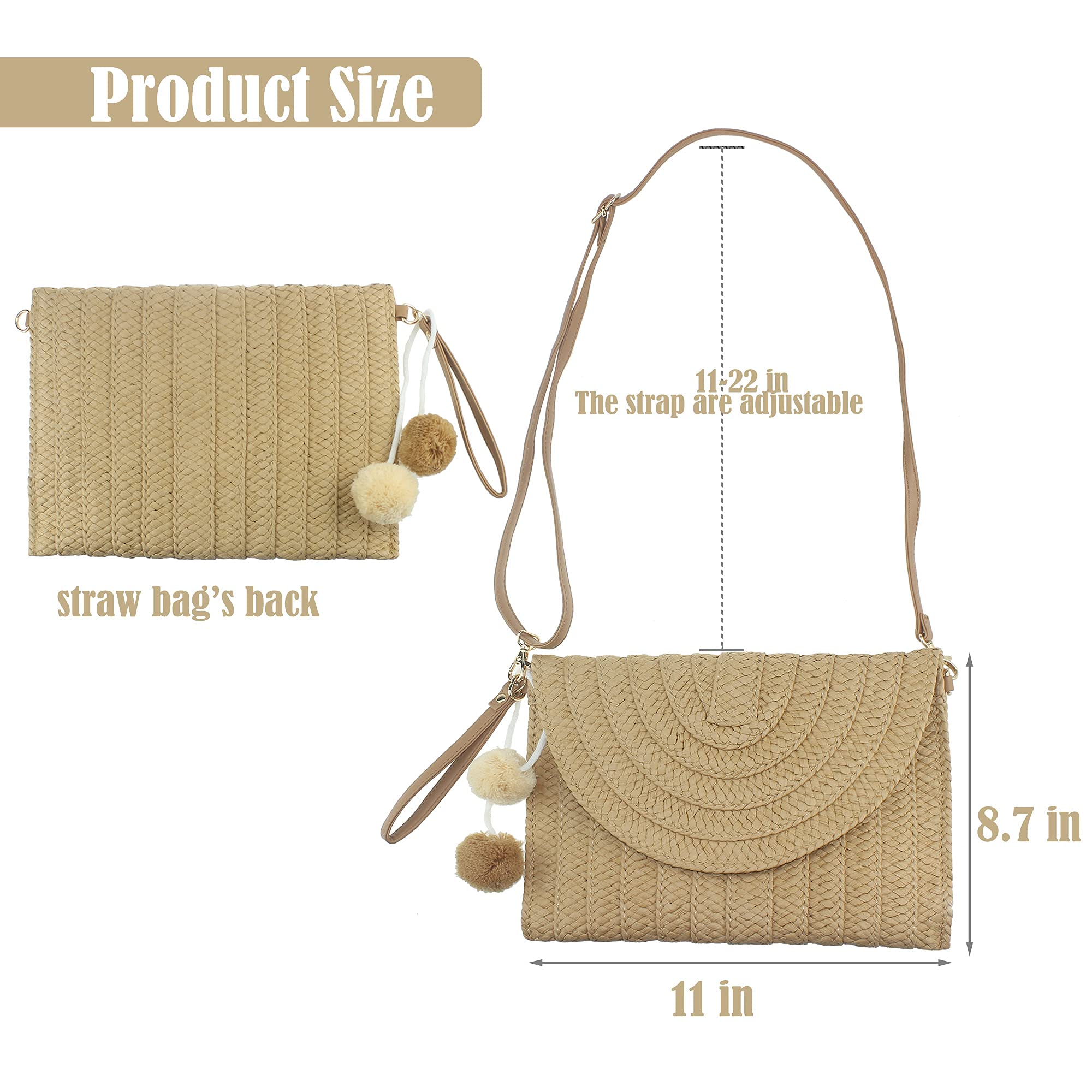NVAAV Crossbody Bag Wristlet Clutch for Women, Medium Straw Purse for Summer Beach, Wallet Shoulder/Handbags