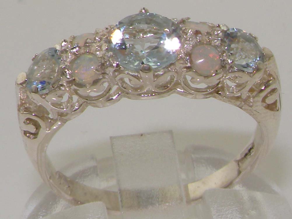 LetsBuyGold 925 Sterling Silver Natural Aquamarine and Opal Womens Band Ring - Sizes 4 to 12 Available
