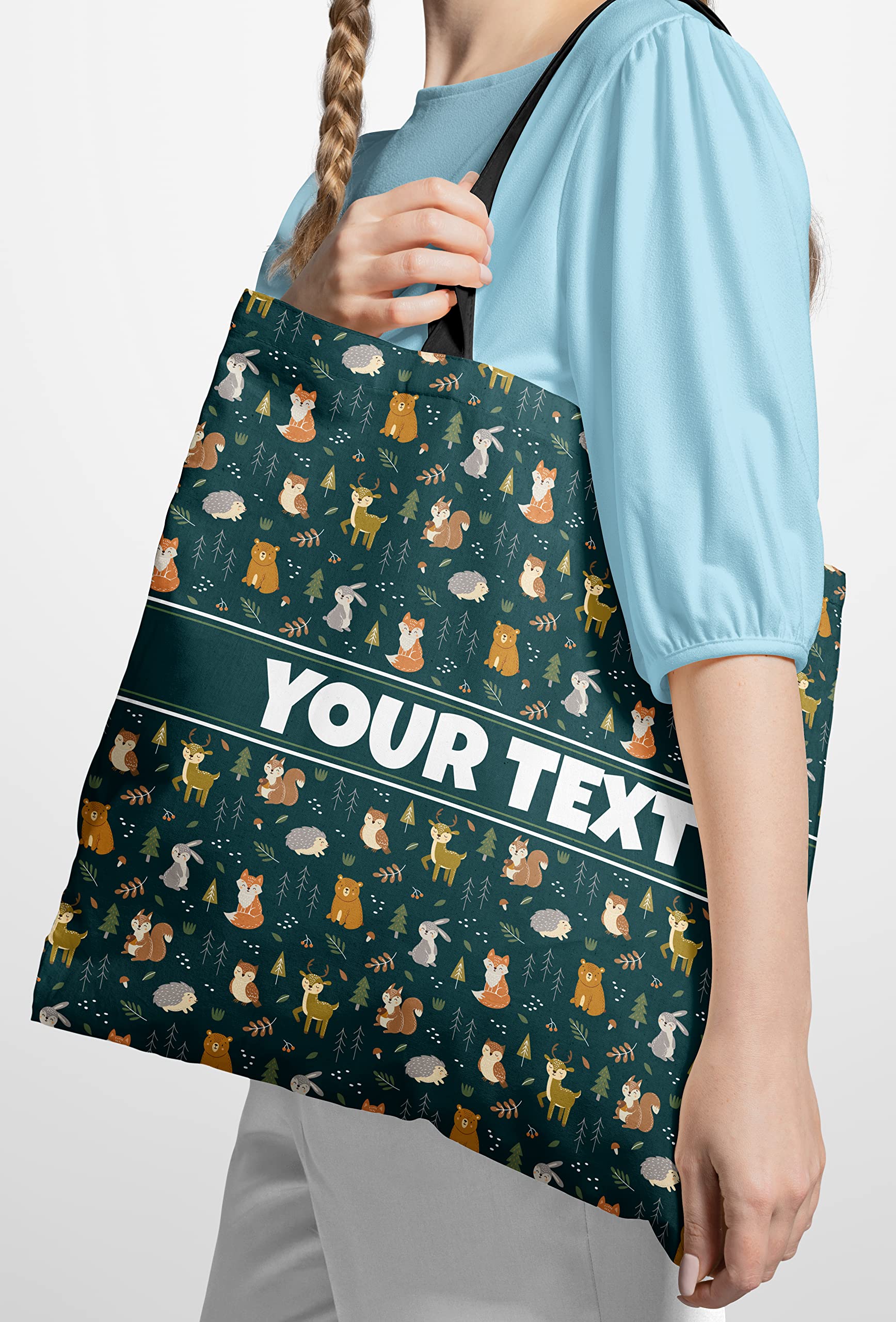 Personalized Tote Bag for Kids - Woodland Animals, Custom Name/Text, Reusable w/ Straps, Canvas Cloth Fabric, Customized Gift Idea for Boys/Girls/Children, Birthday/Christmas/Holiday Present, 13x13"