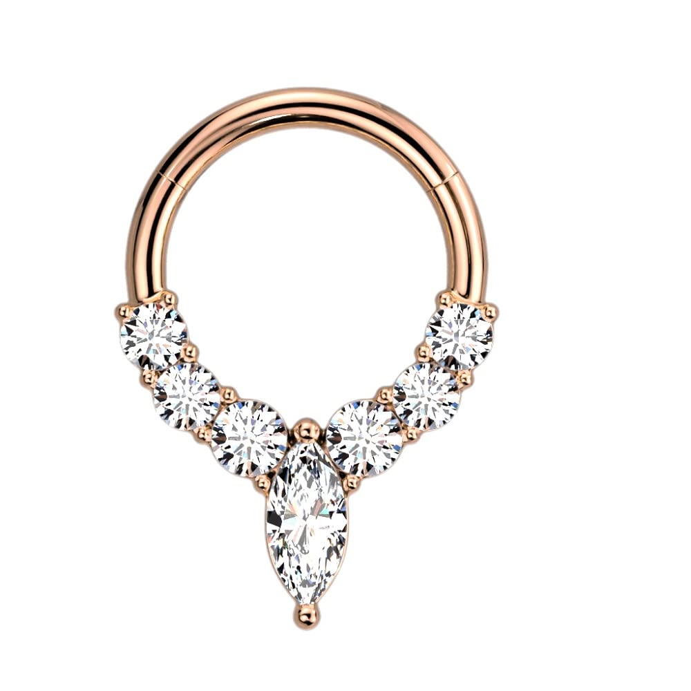 Pierced Owl 16GA Precision All 316L Stainless Steel CZ Crystal Lined and Marquise Center Hinged Segment Ring (Rose Gold Tone)