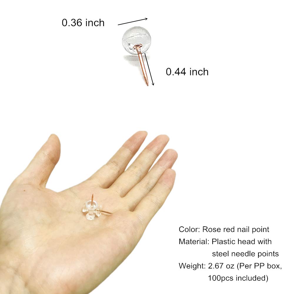 Liphontcta FITULABO Rose Gold Push Pins Thumb Tacks, Transparent Plastic Round Head Map Tacks for Hanging Pictures, Posters, Documents, Wall Maps On Walls and Bulletin Boards (100)