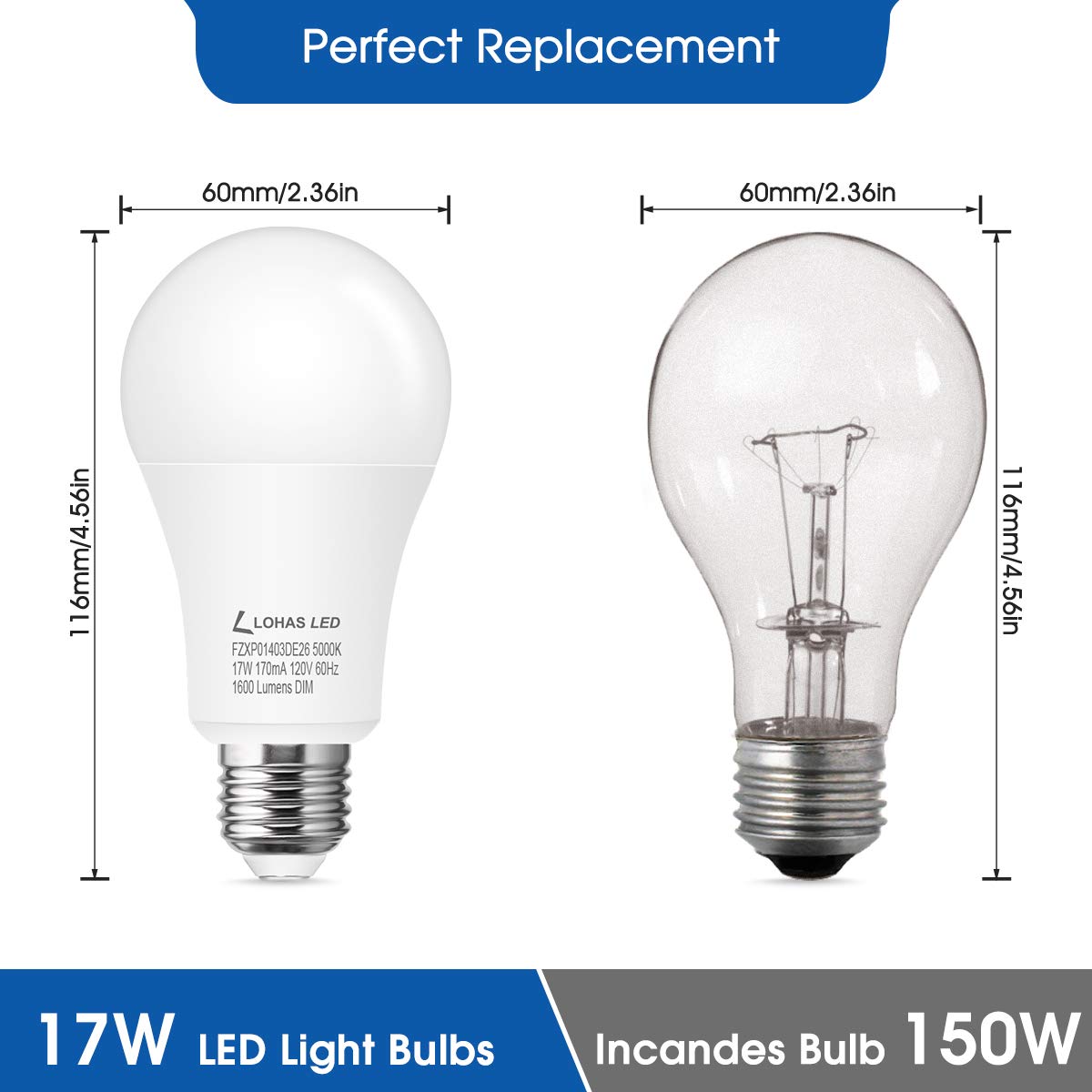LOHAS LED Light Bulbs 150W Equivalent, Daylight White 5000K Dimmable A19 Bulb 17 Watt, 1600 Lumen Energy-Efficient Light Bulb, E26 Medium Base for Living Room, Kitchen, Bedroom (6 Packs)