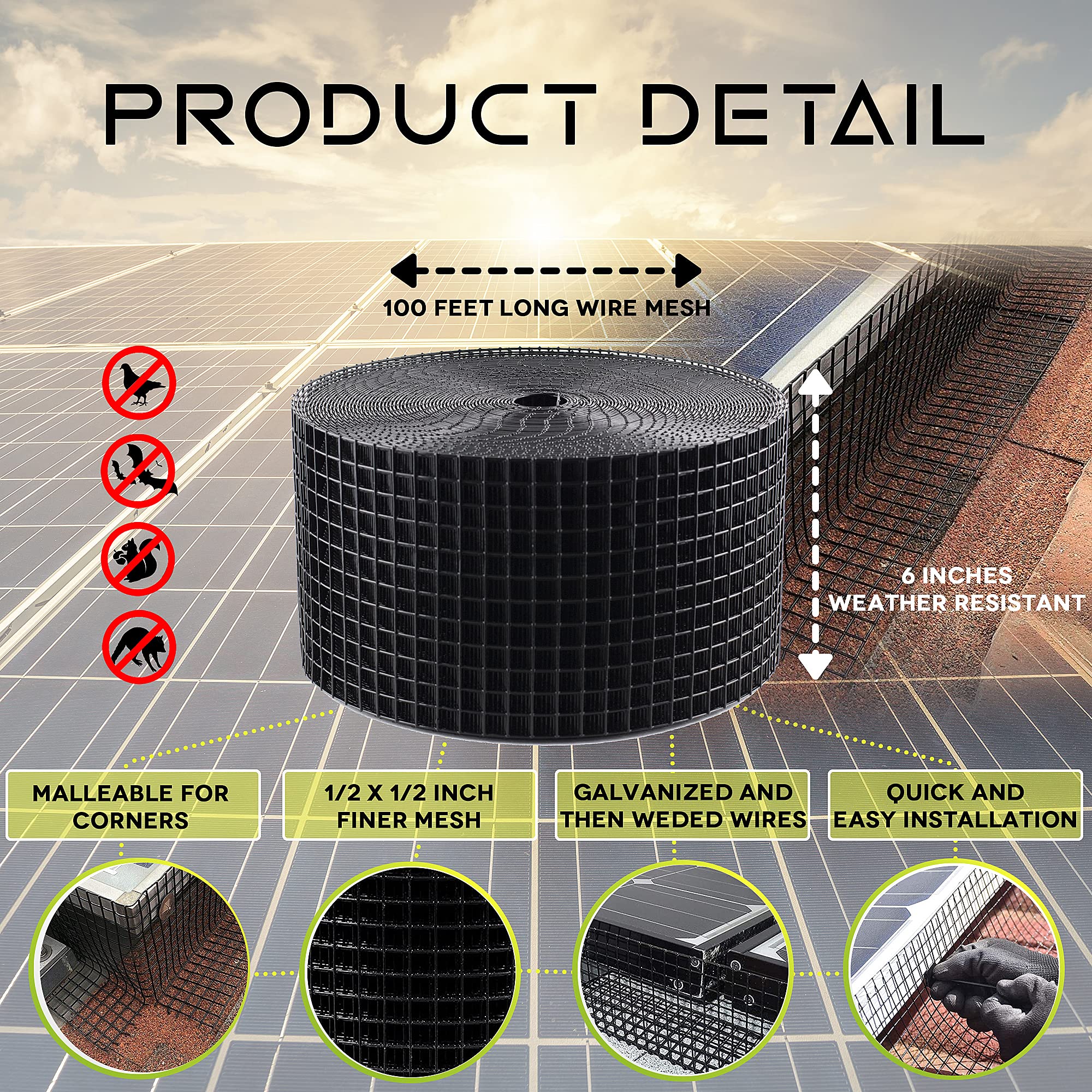 KLIVEN Solar Panel Bird/Squirrel Guard Roll Kit- 6in x 100ft Critter Guard PVC Coated Wire Mesh, Solar Panel Bird Wire Set Includes: 60 Fastener Clips & Convenience Metal Scissor.