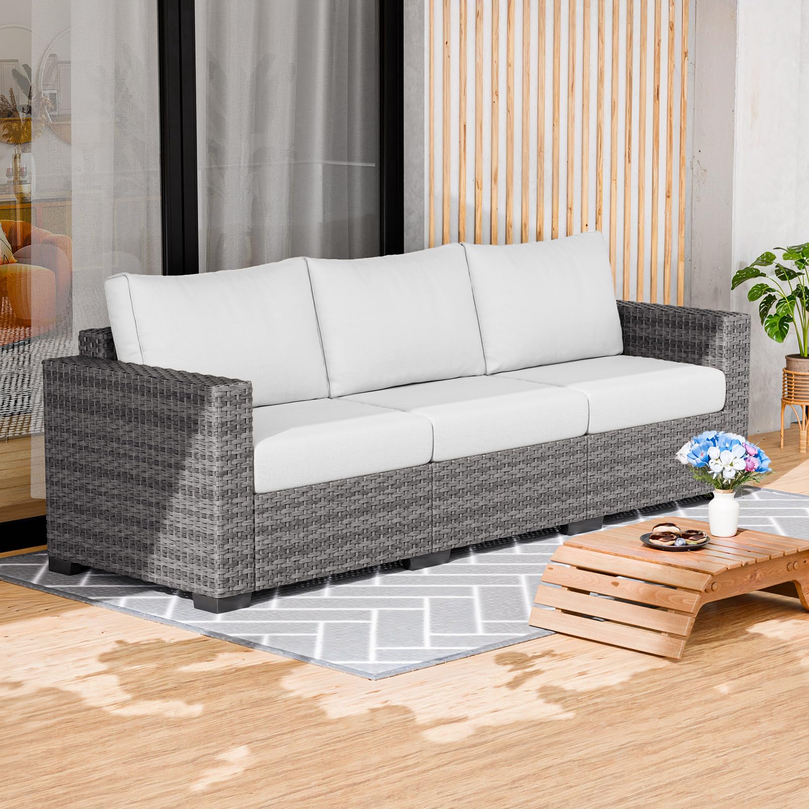 WELYAS Wicker Patio Sofa with Gray Cushions, Gray Rattan Outdoor Furniture for Porch Yard Deck Pool