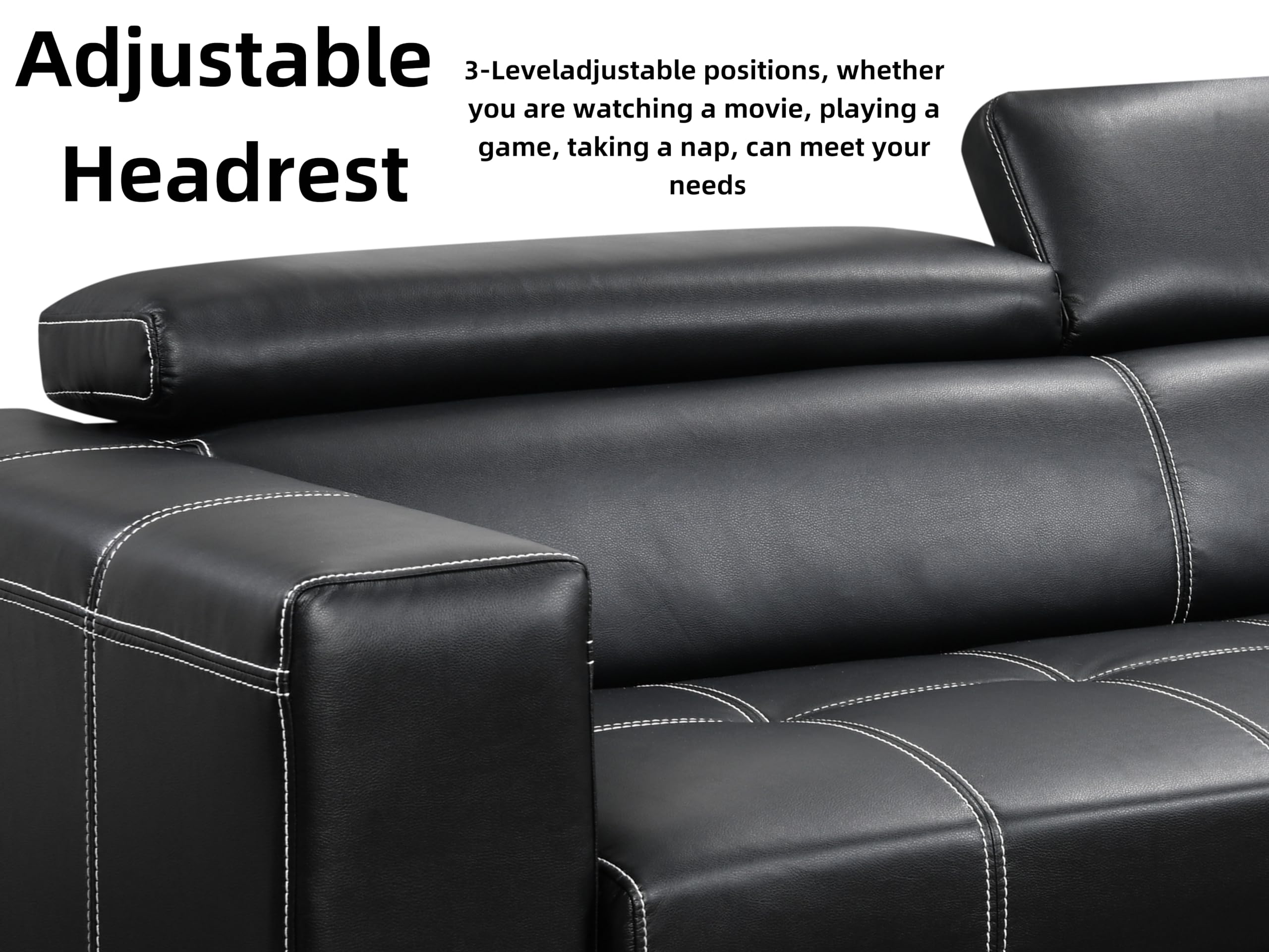 ZIGHTH 88 inch Oversized Breathable Leather Sofa with Adjustable Headrest, Modern Breathable Leather Couch Loveseat with Pull Out Chaise Lounge, Black Leather Sofa for Living Room, Apartment (Black)