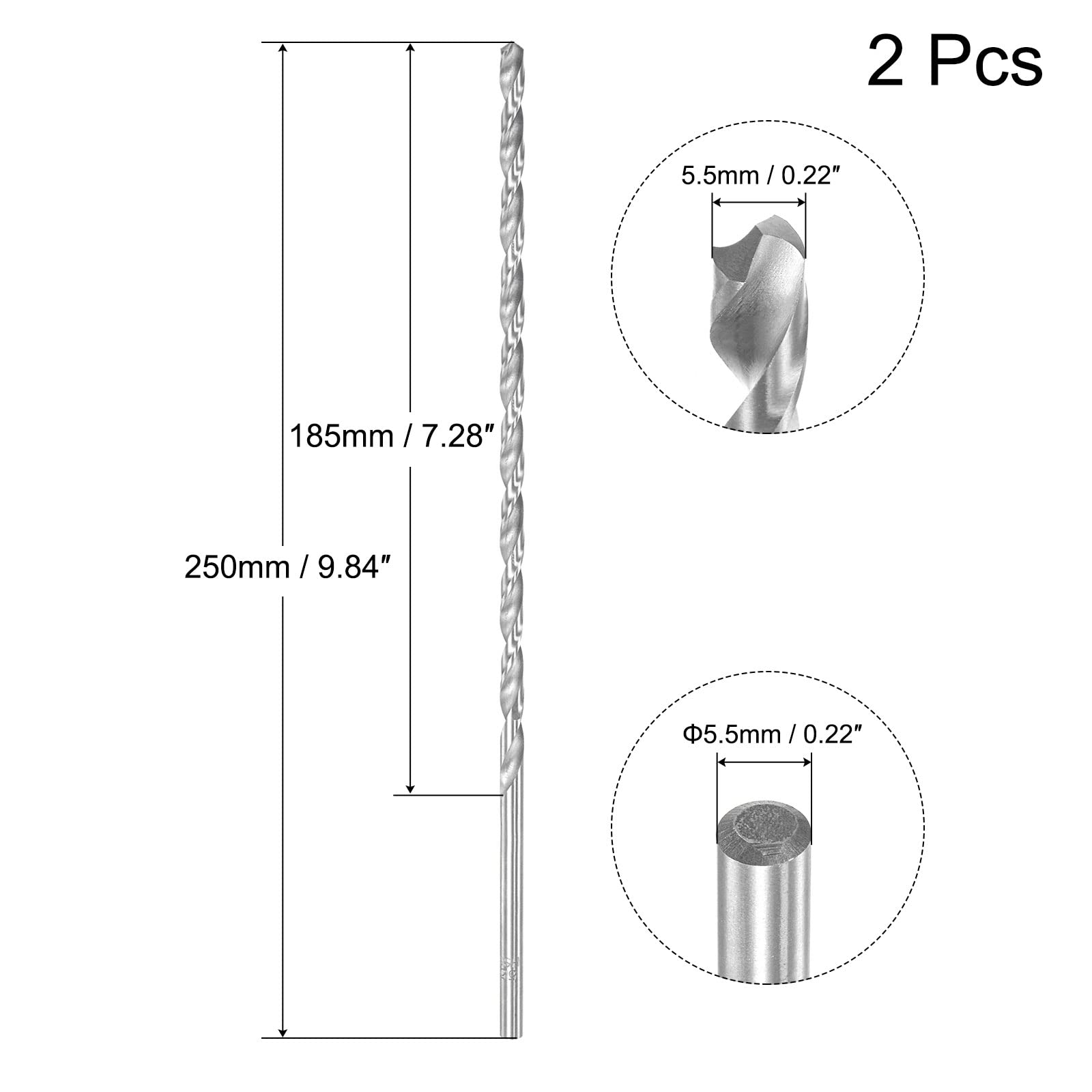 uxcell HSS(High Speed Steel) Extra Long Twist Drill Bits, 5.5mm Drill Diameter 250mm Length 2 Pcs