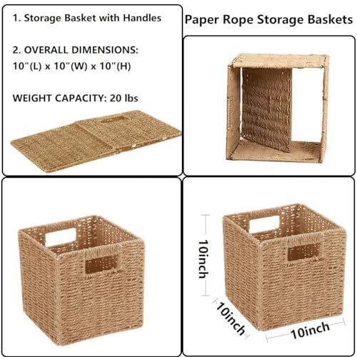 WENFOME Set of 3 Woven Storage Baskets for Shelves, Paper Rope Handmade Open Storage Bins, Pantry Baskets Organization Basket Seagrass Baskets Folding Storage Basket for Toy, Wicker Basket for Bedroom