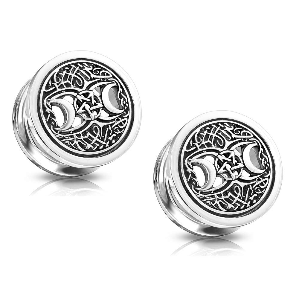 Pierced Owl Antique Silver Plated Stainless Steel Crescent Moons and Star Centered Screw Fit Plug Gauges, Sold As Pair (10mm (00GA))