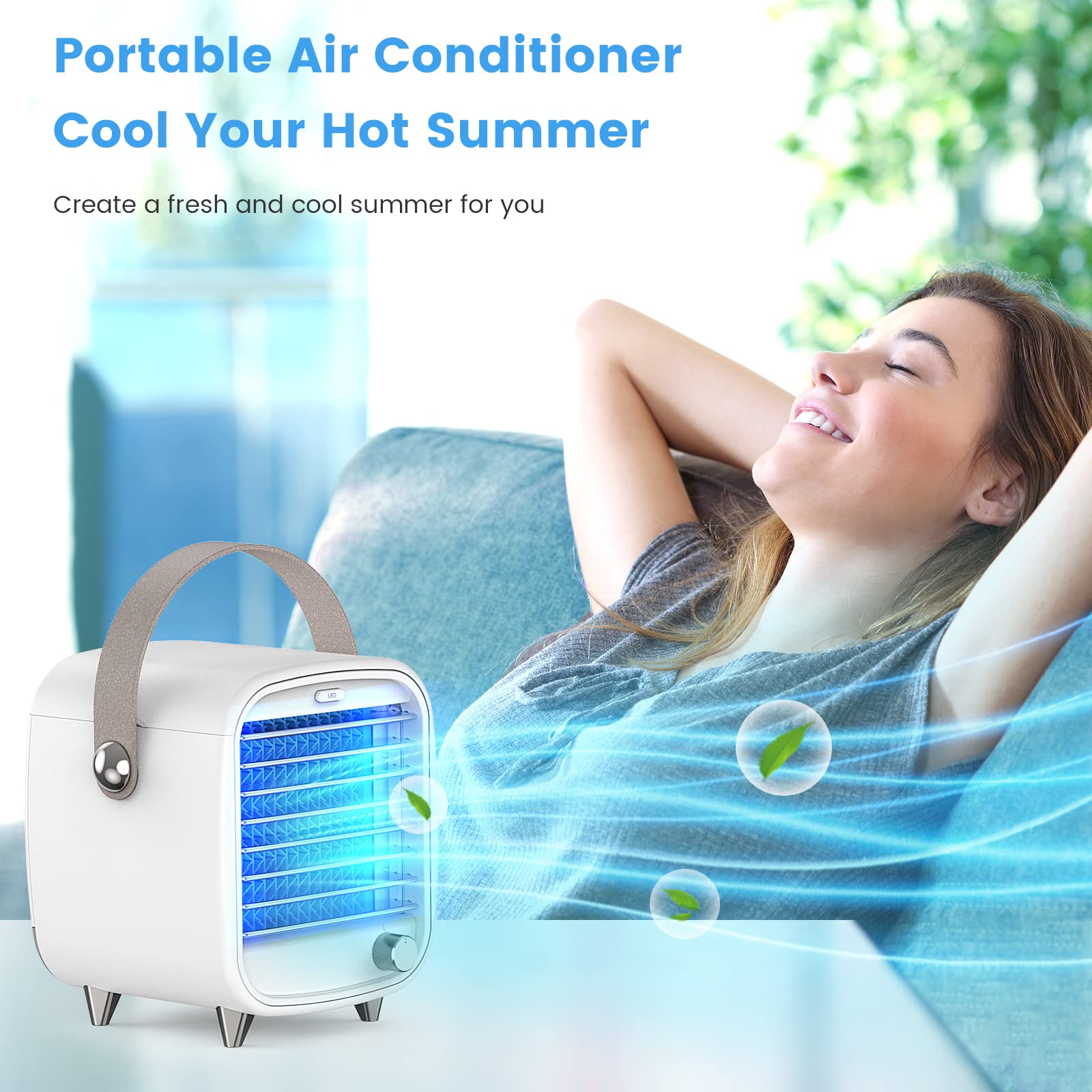 Portable AC, Mini Portable Air Conditioner for Bedroom Room Desk Office Car Camping, Small Personal Cooler Evaporative Air Cooler USB Power LED Light Low Noise