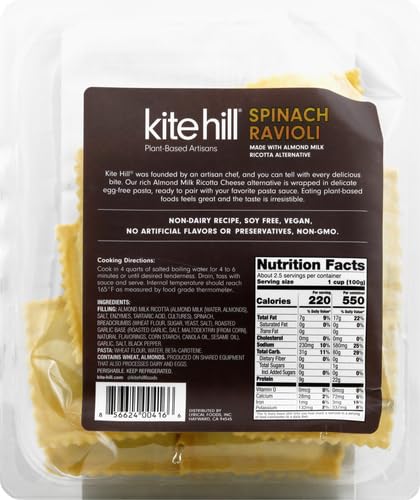 Kite Hill Spinach and Almond Milk Ricotta Ravioli Pasta, 9 Ounces, Dairy Free, Non-GMO, Vegan