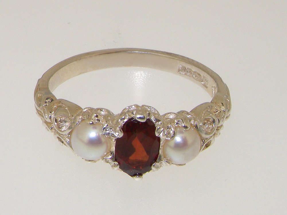 LetsBuyGold 925 Sterling Silver Real Genuine Garnet & Cultured Pearl Womens Band Ring - Size 12