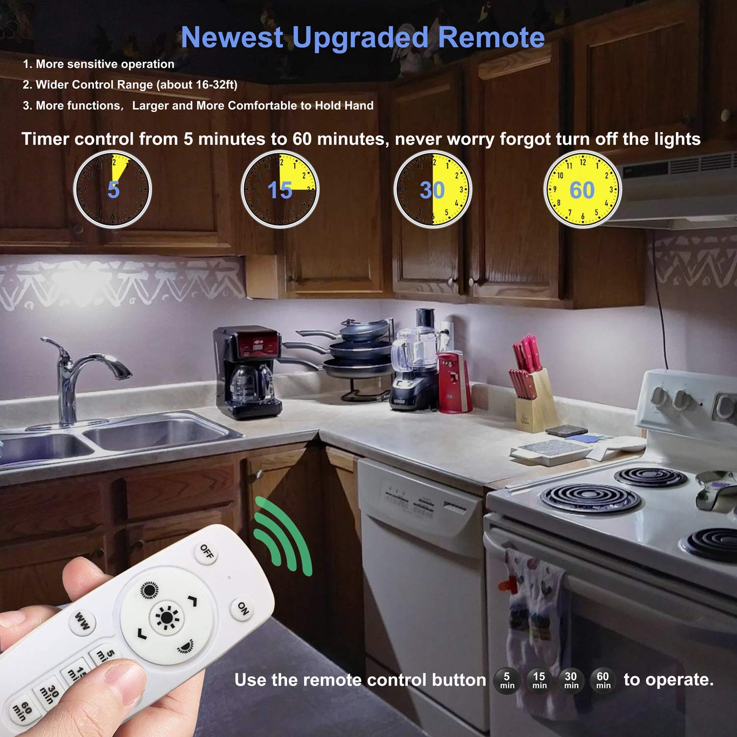 LDOPTO Under Cabinet Lights Wireless Battery Operated LED Closet Lights Without Wiring Counter Stick on Lights with Remote Timer Dimmable for Kitchen Shelf Hallway Stairs, Multiple Colors 4 Pack