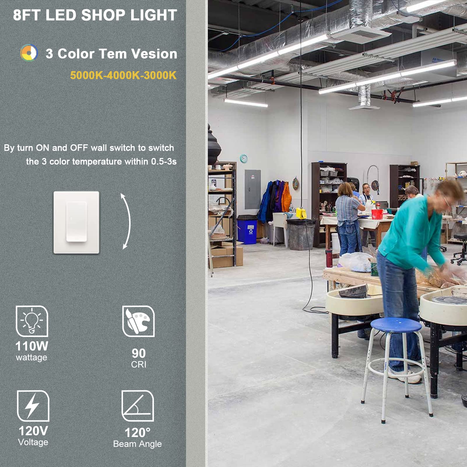 Lightdot 8FT Led Shop Lights 110W, Suspend/Flush Mount Ceiling Light, 14500LM[6-lamp T8 Equiv.] 5000K/4000K/3000K Selectable, Commercial Shop Lights Fixtures for Garage Workshop Warehouse (4 Pack)