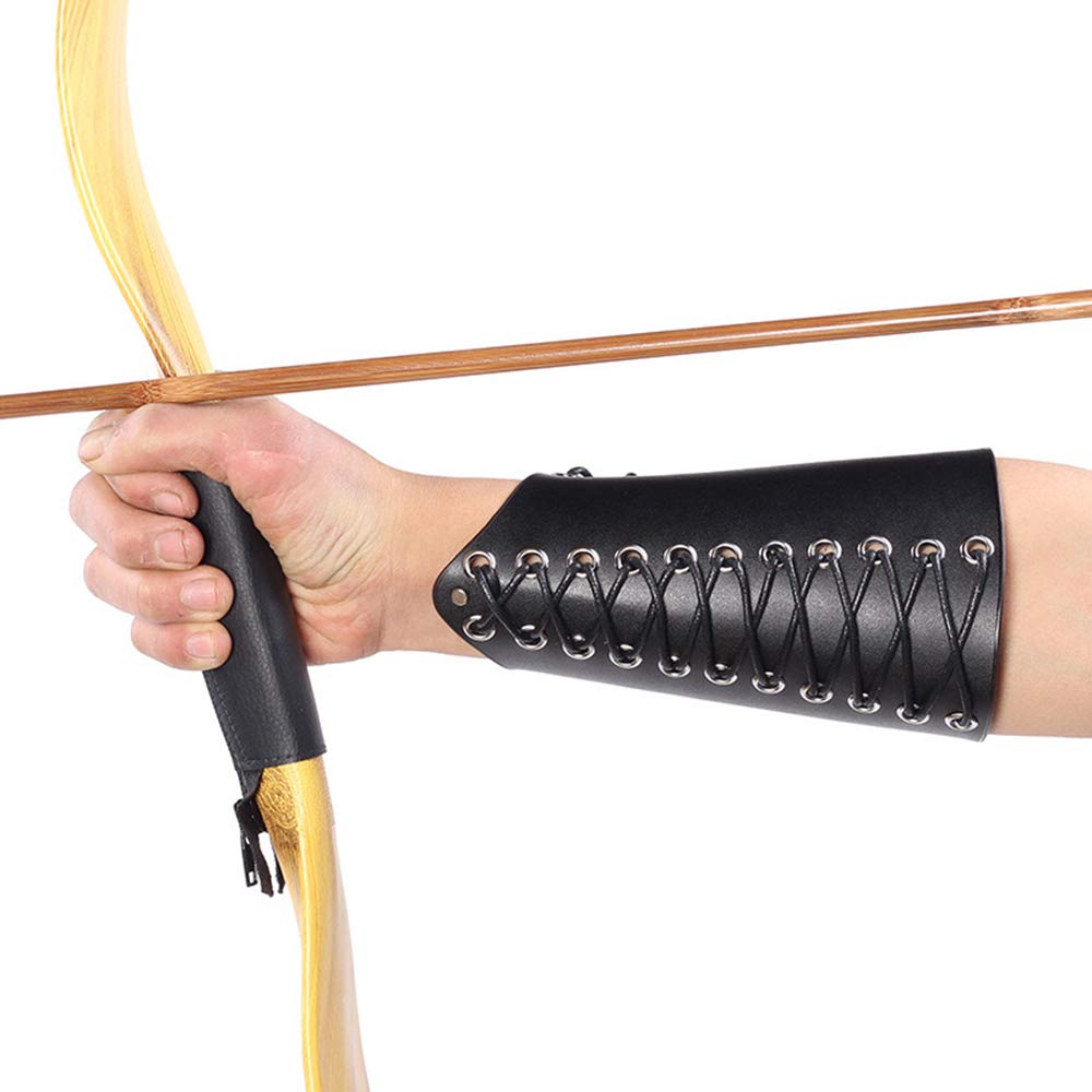 LOKHEIRA ARCHERY Archery Arm Guard, Archery Bracer,Archery Leather Forearm Protector w/Bow Range for Recurve Compound Long Bow Hunting Shooting(Black)