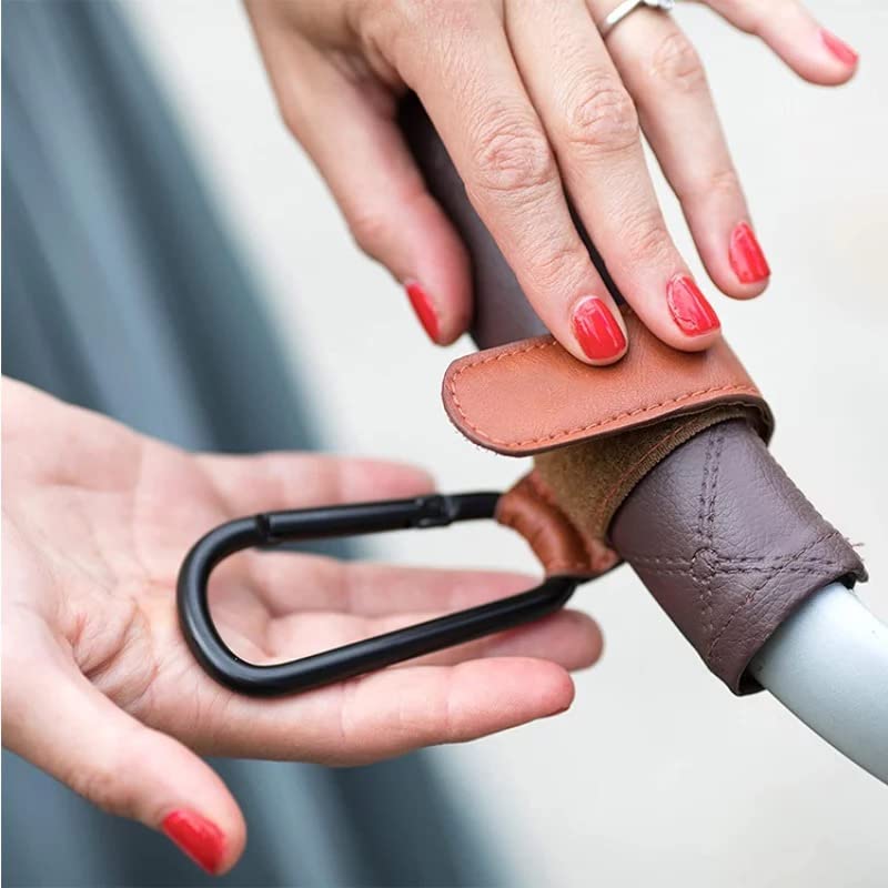 Stroller Hooks for Hanging Bags and Water Bottles | Universal Stroller Clips | Mommy Hooks Made of Vegan Leather (Black)